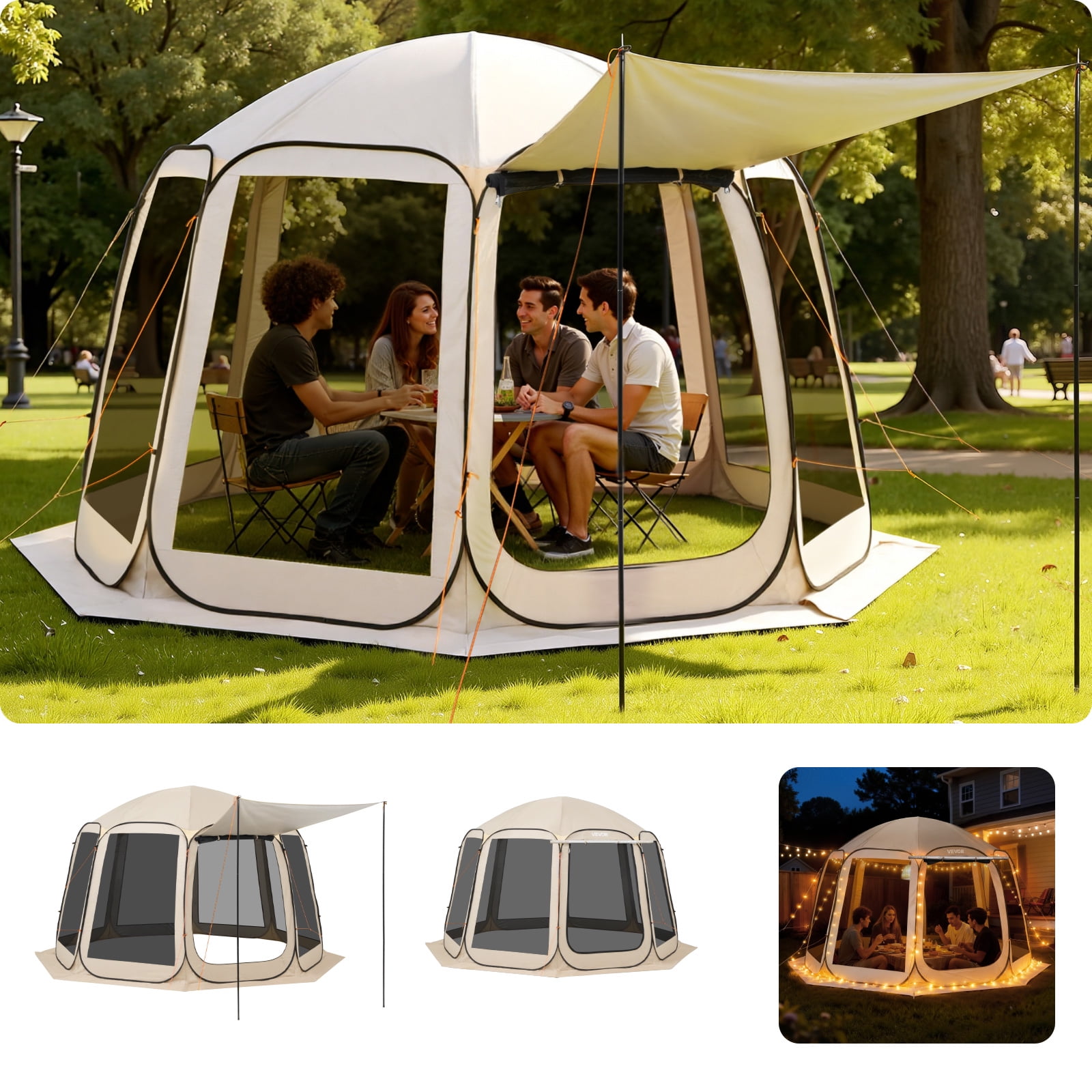 VEVOR Screen House Tent, 12 x 11 ft, 10-12 Person Pop Up Screen Tent ...