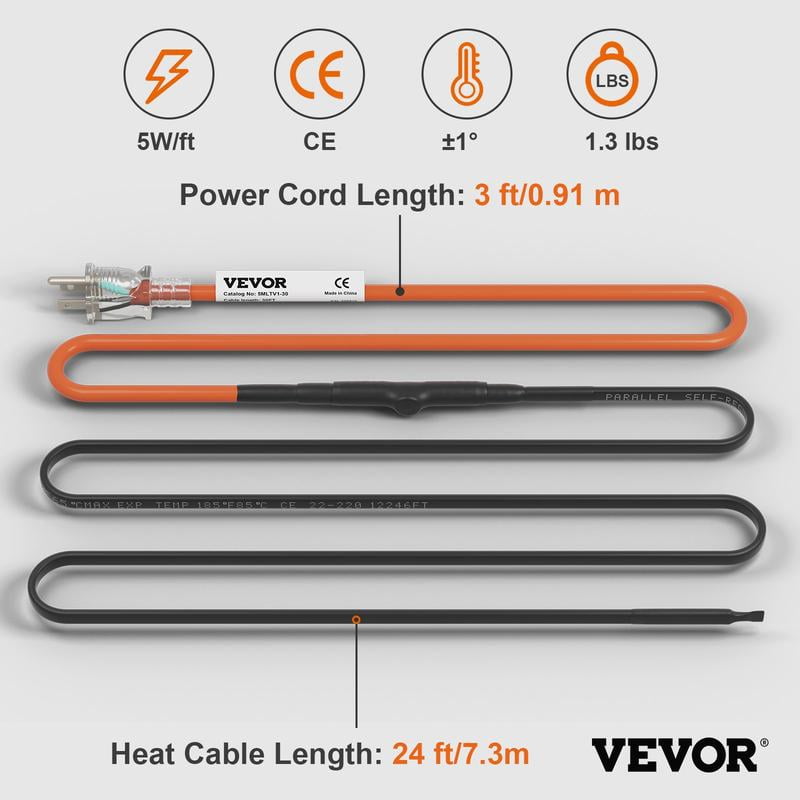 VEVOR Self-Regulating Pipe Heating Cable, 6-feet 5W/ft Heat Tape for ...