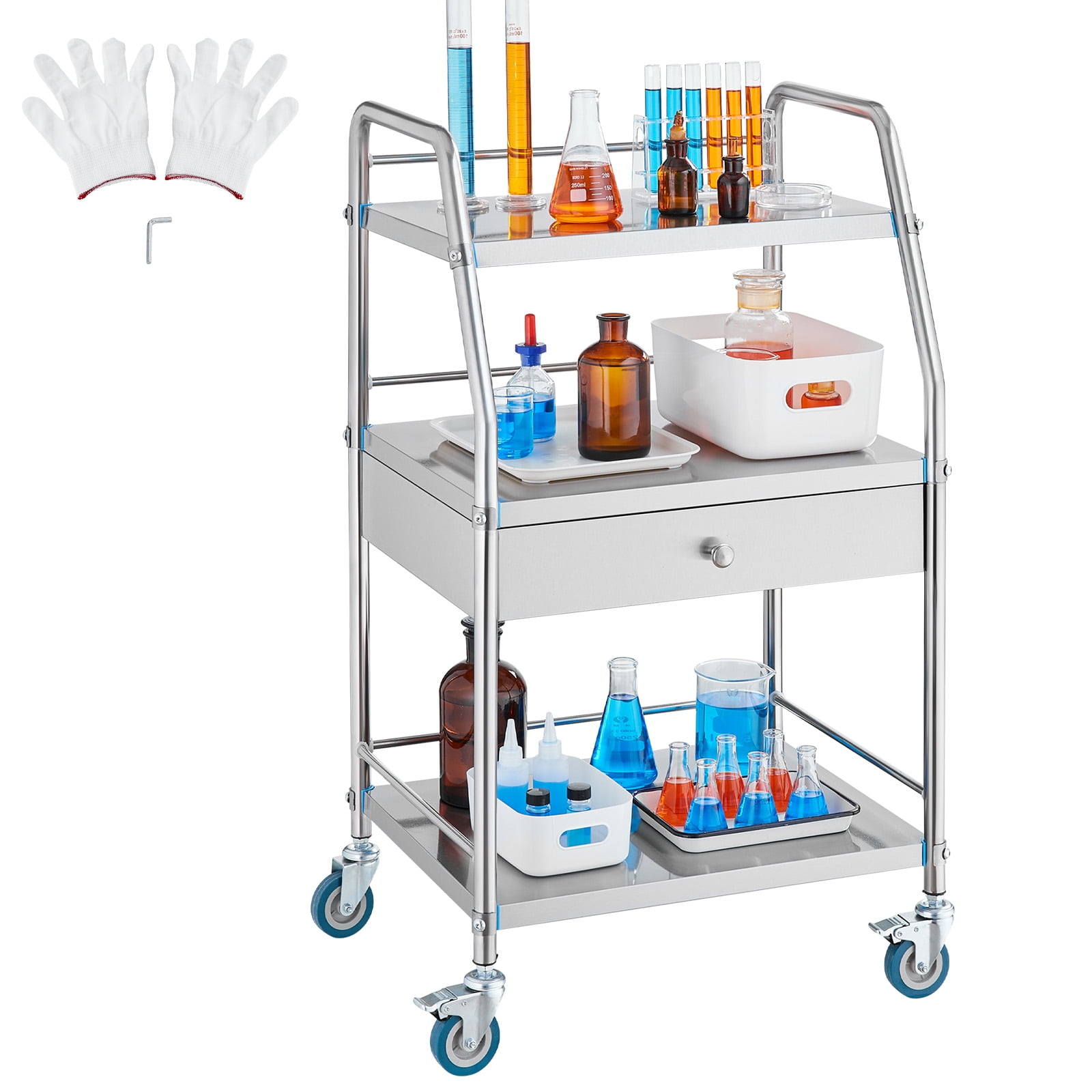 VEVOR Service Cart, 3 Layers Stainless Steel Utility Rolling Cart ...