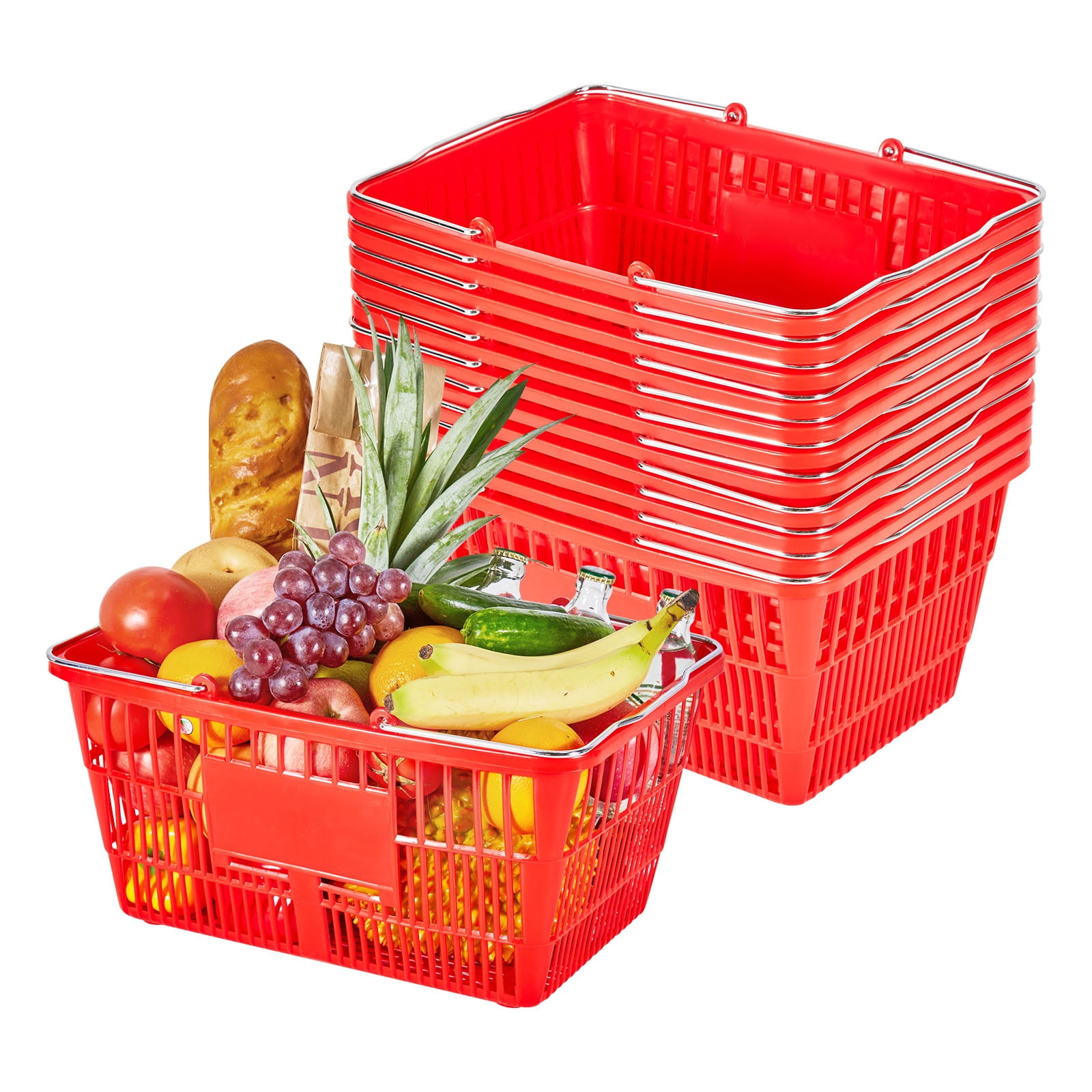 VEVOR Shopping Baskets, 12 PCS, 21L Stackable PE Plastic Grocery Baskets with Metal Handles ...