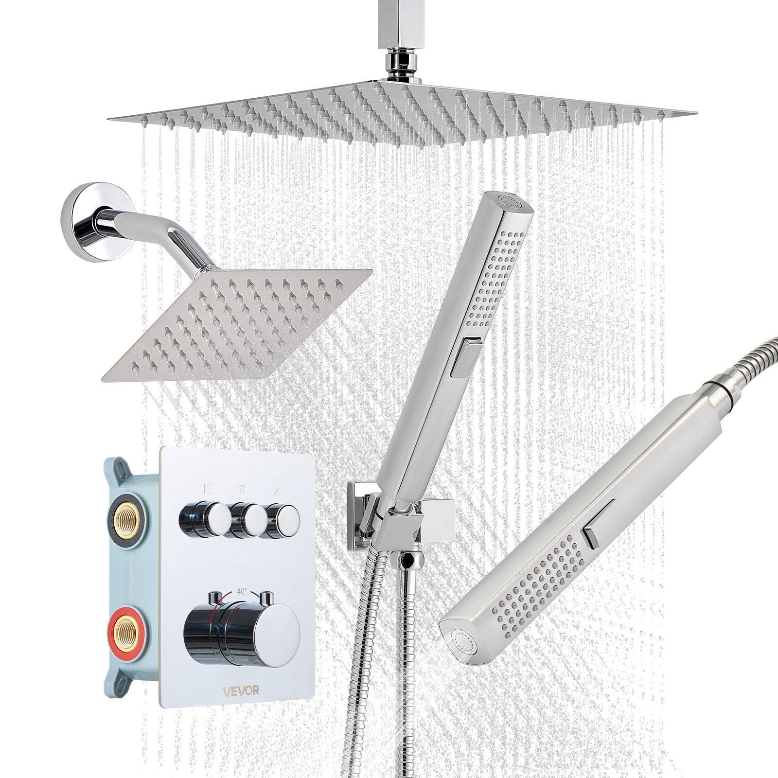 VEVOR Shower Faucet Set, 12 Inch Thermostatic Ceiling Mount Rainfall ...