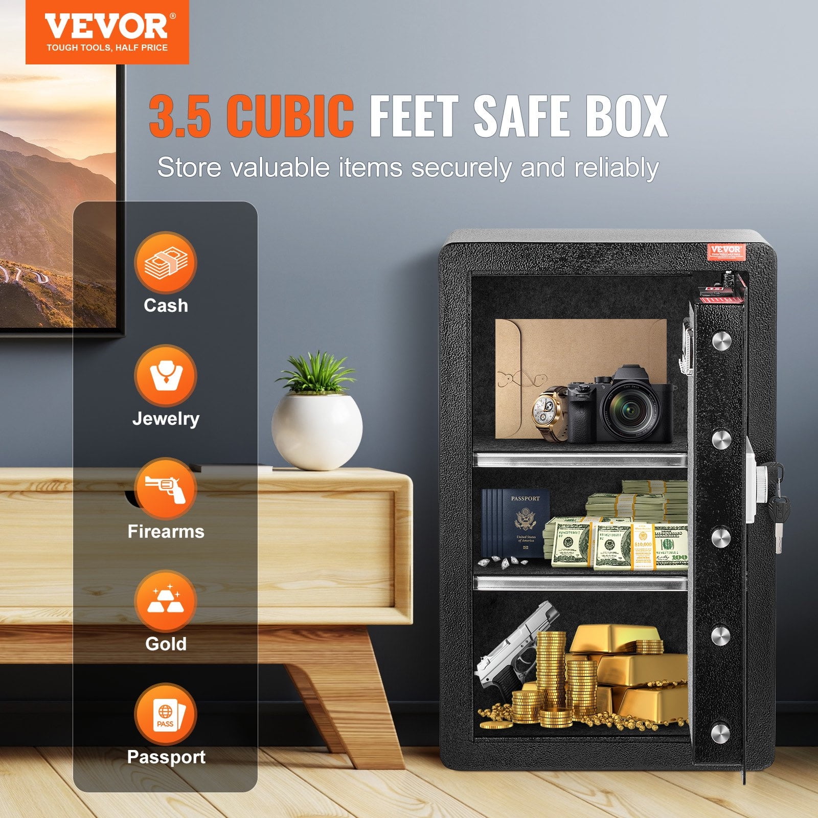 VEVOR Single Door 3.5 cu.ft Safe Box with Key Lock Password LED Light ...