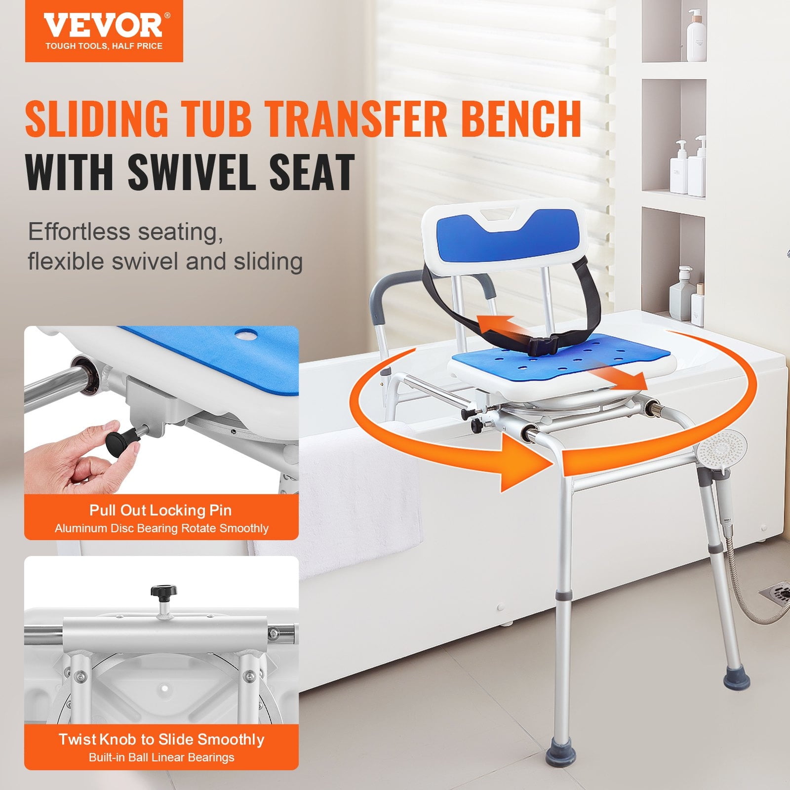 VEVOR Sliding Tub Transfer Bench Shower Chair with 360 Degree Swivel ...
