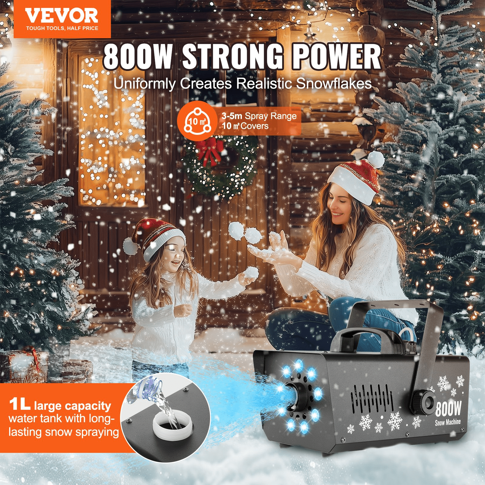 VEVOR Snow Machine 800W Handheld Hanging Snow Maker with LED Light for ...