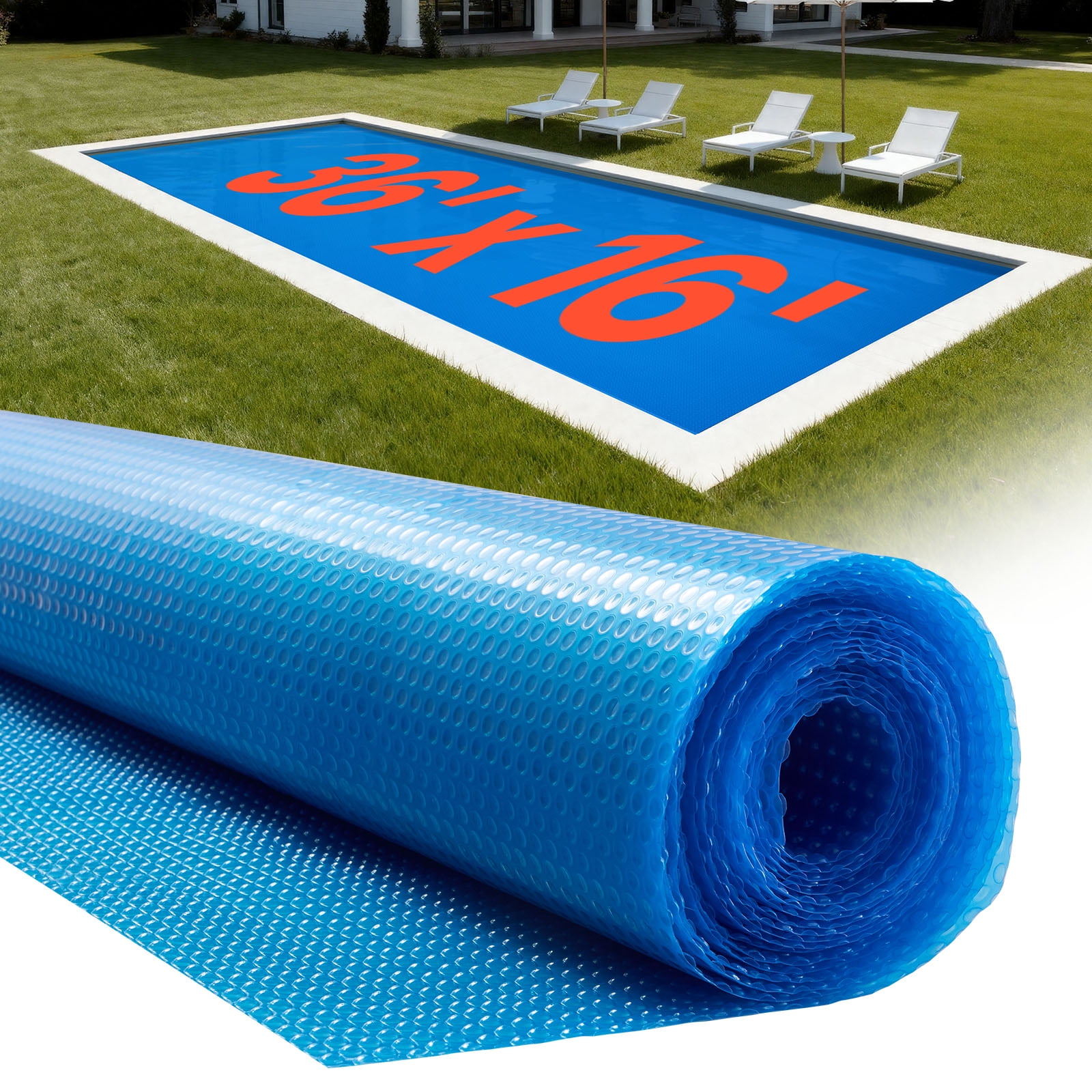 VEVOR Solar Pool Cover, 36x16ft Rectangle Pool Bubble Cover, 12Mil ...