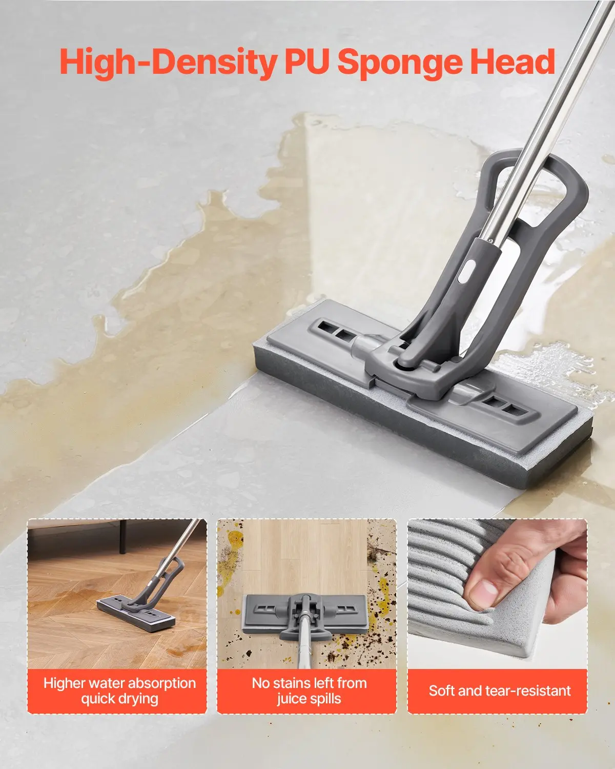 Sponge Mop, High-Density PU Sponge Mop with 1 Pcs Sponge Mop ...