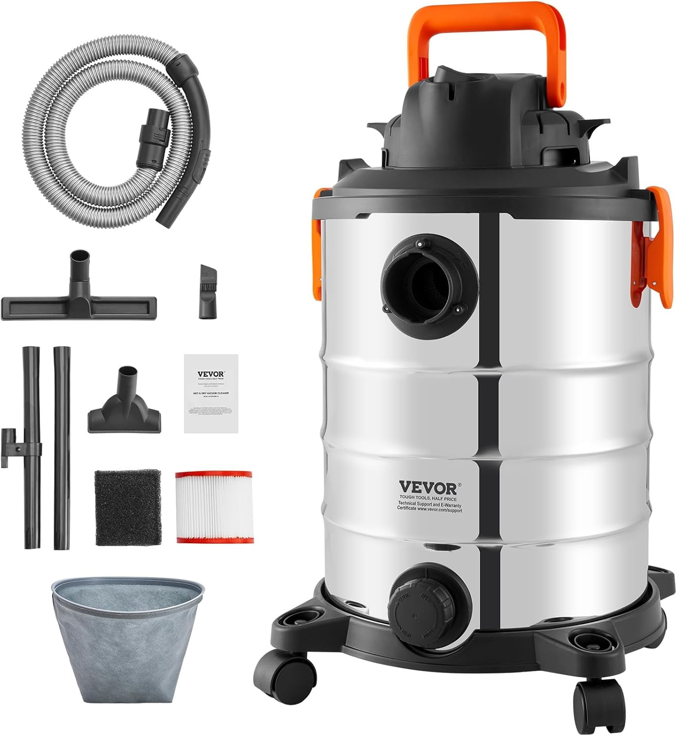 VEVOR Stainless Steel Wet Dry Shop Vacuum, 8 Gallon 6 Peak HP Wet/Dry Vac, Powerful Suction with ...
