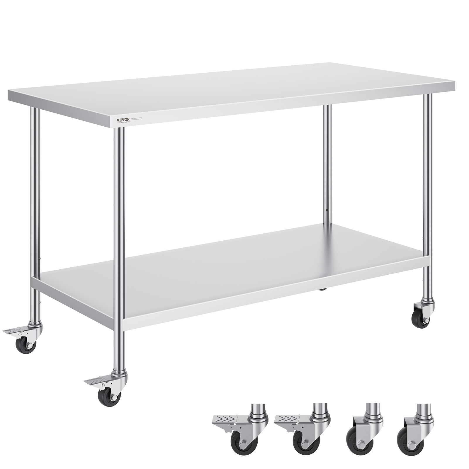 VEVOR Stainless Steel Work Table 30 x 60 x 38 Inch, with 4 Wheels, 3 ...