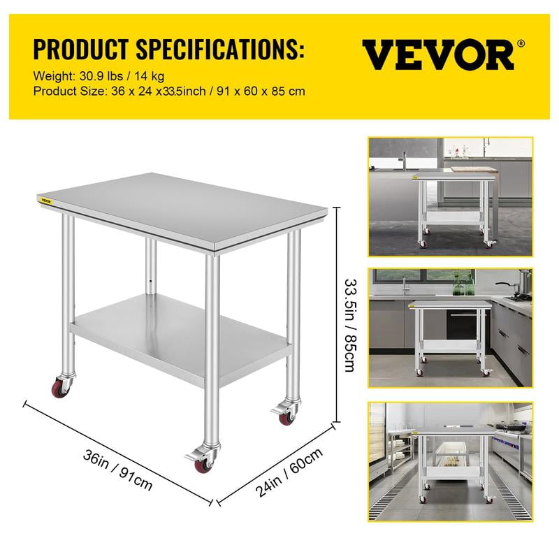 VEVOR Stainless Steel Work Table with 4 Wheels Commercial Food Prep ...