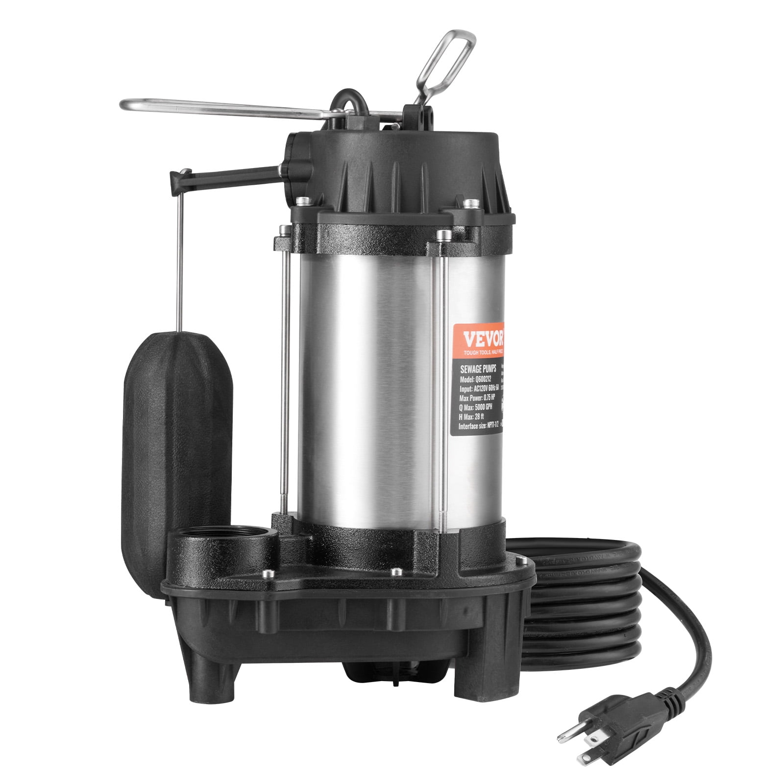 VEVOR Submersible Sewage Pump, 0.75HP 5000 GPH, Cast Iron Sewage Water ...