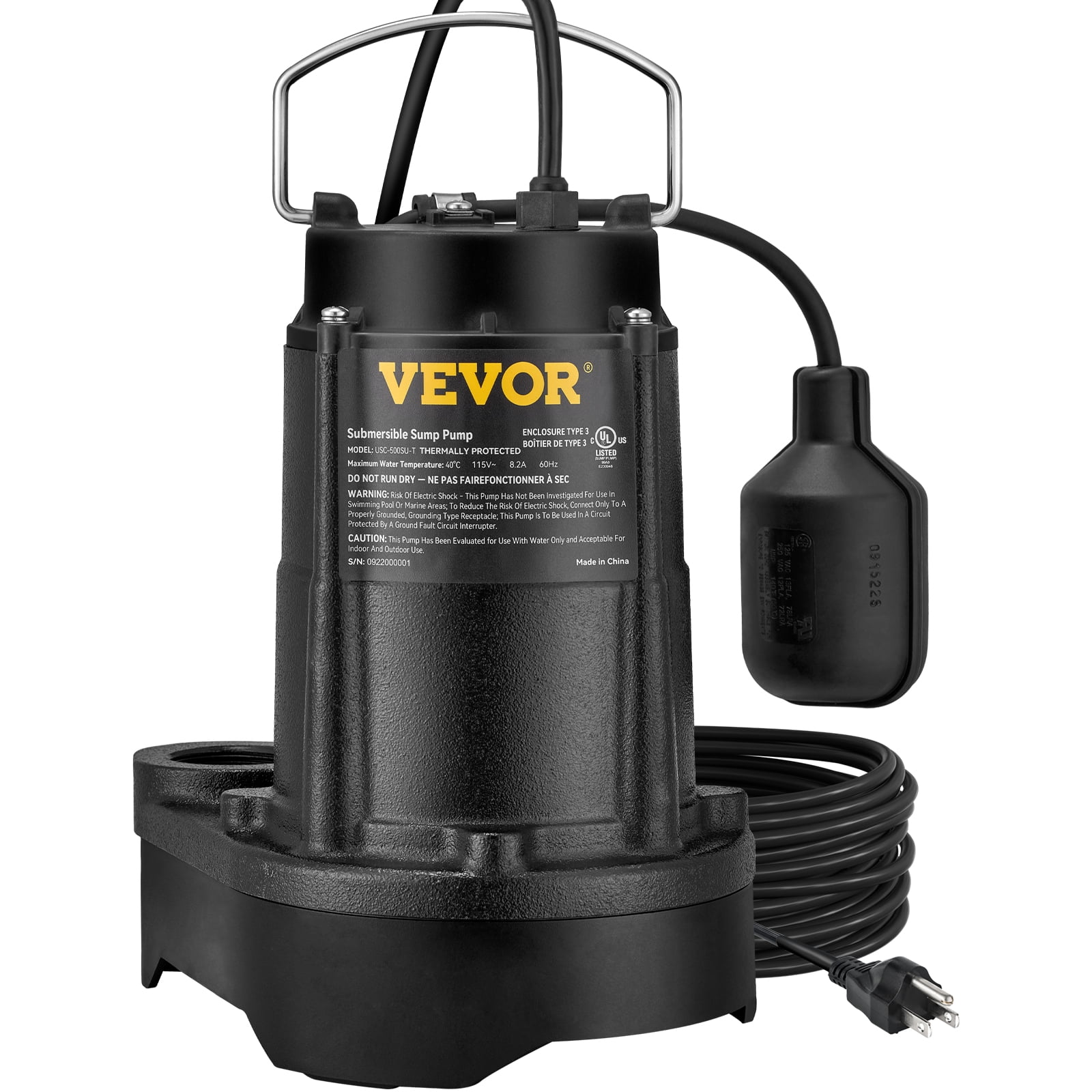 VEVOR Submersible Sump Pump 1/2HP 3960GPH Stainless Steel Float ...