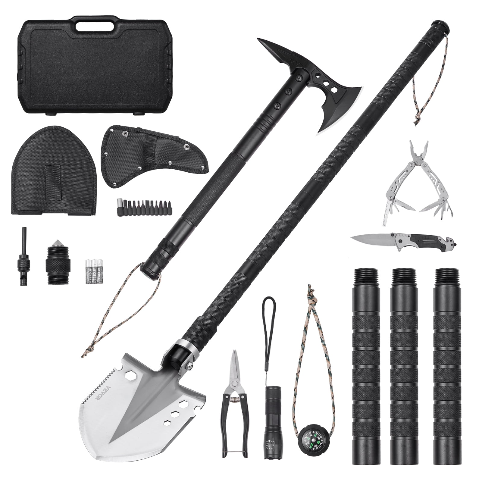 VEVOR Survival Shovel Survival Axe, 28-in-1 Camping Folding Shovels ...