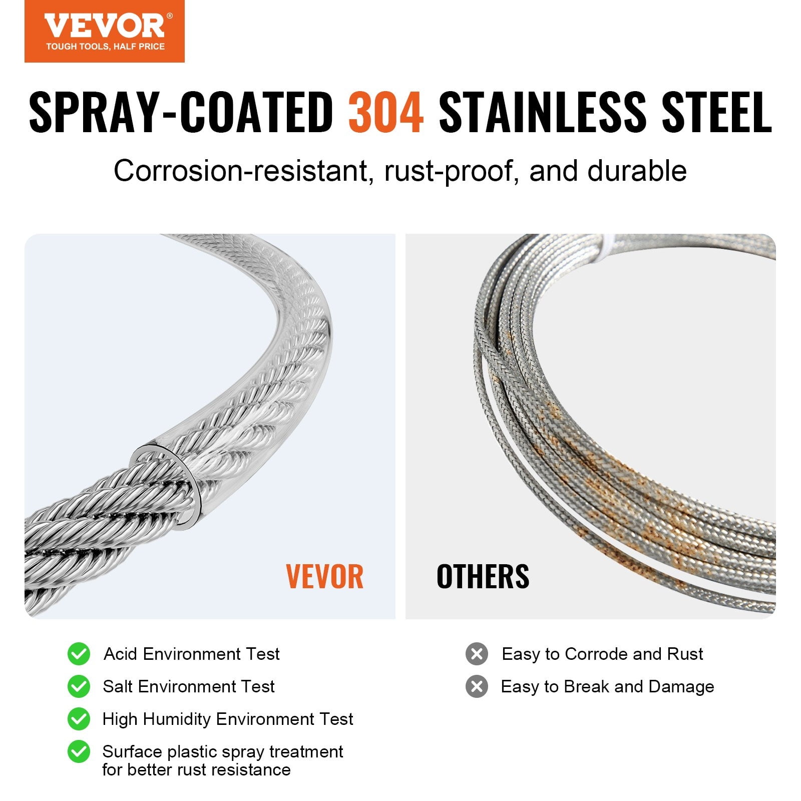 VEVOR T304 Stainless Steel Cable 1/8" 7x7 Steel Wire Rope 100 ft Cable ...