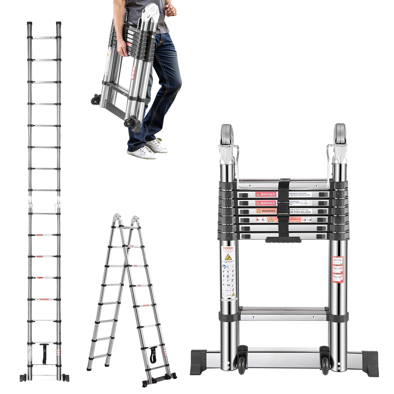 VEVOR Telescoping Ladder A Frame, 16.5ft Stainless Steel Extension ...