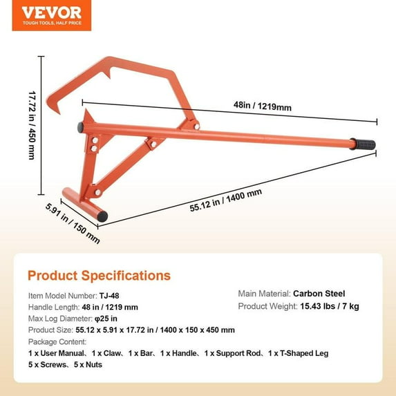 VEVOR Timberjack 46.5 in Heavy Duty Log Lifter for Max 25" Dia Logs ...