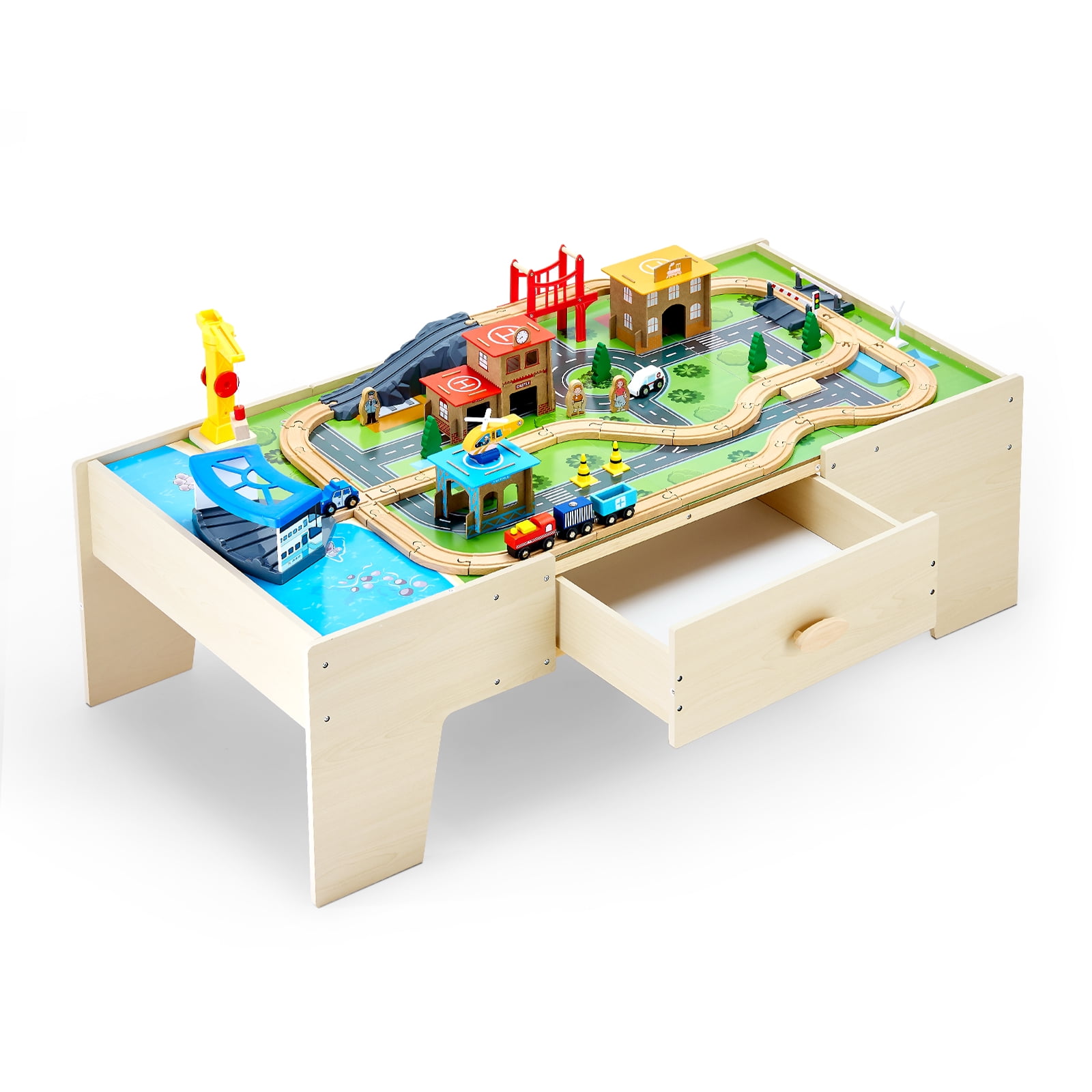 VEVOR Train Table, 62 Multicolor Pieces Wooden Kids Activity Table with ...