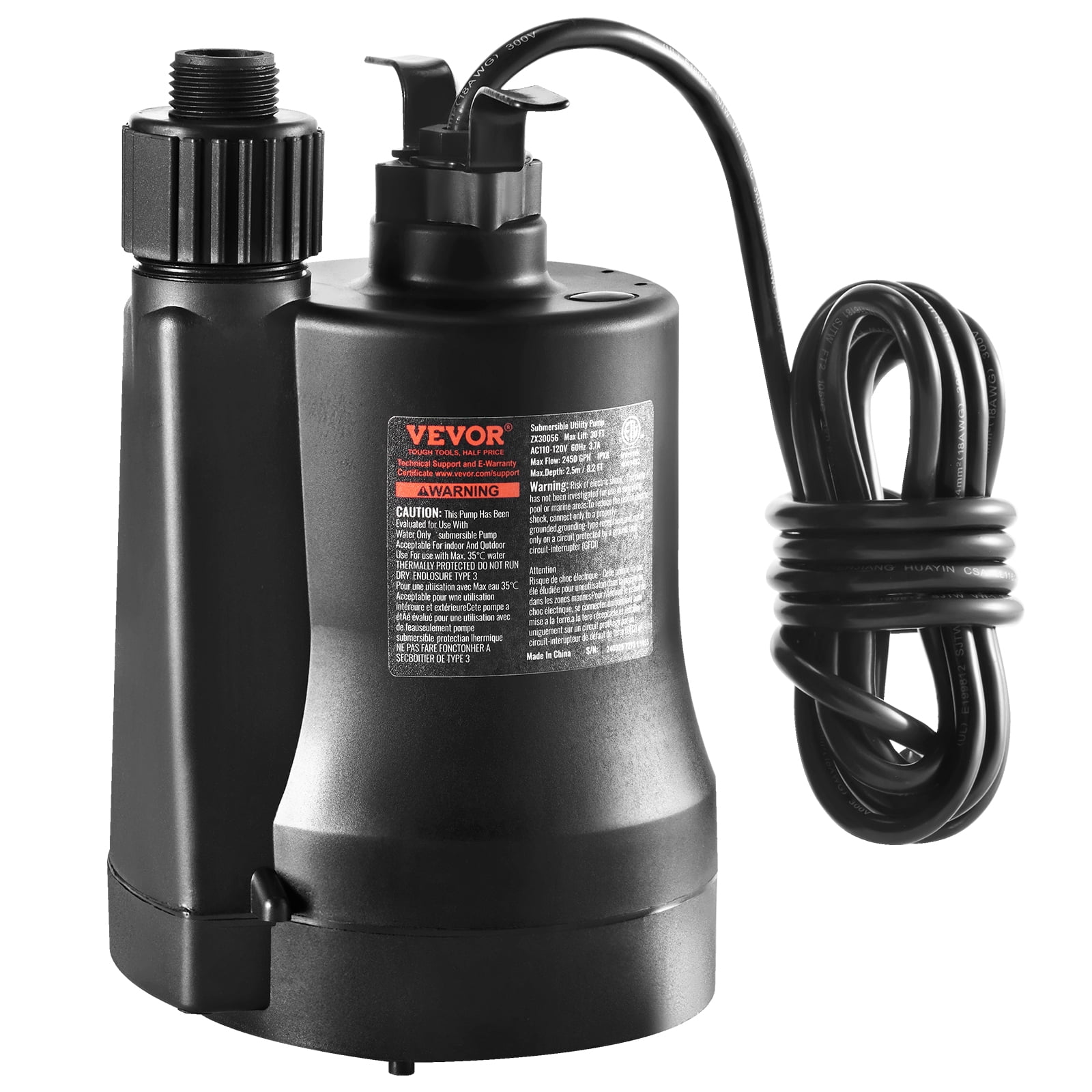 VEVOR Utility Pump, 1/3 HP, 2450 GPH High Flow,30 ft Head, Sump Pump ...
