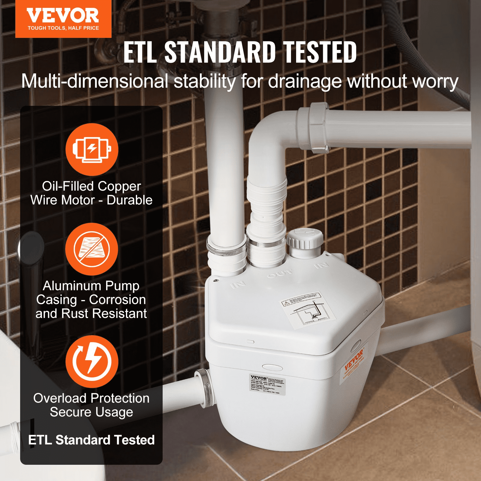 Vevor TXSSCPSB13HP54XKZV1 1-3 HP 1500 GPH 18 ft. Head Utility Laundry Sink Drain Pump System ...