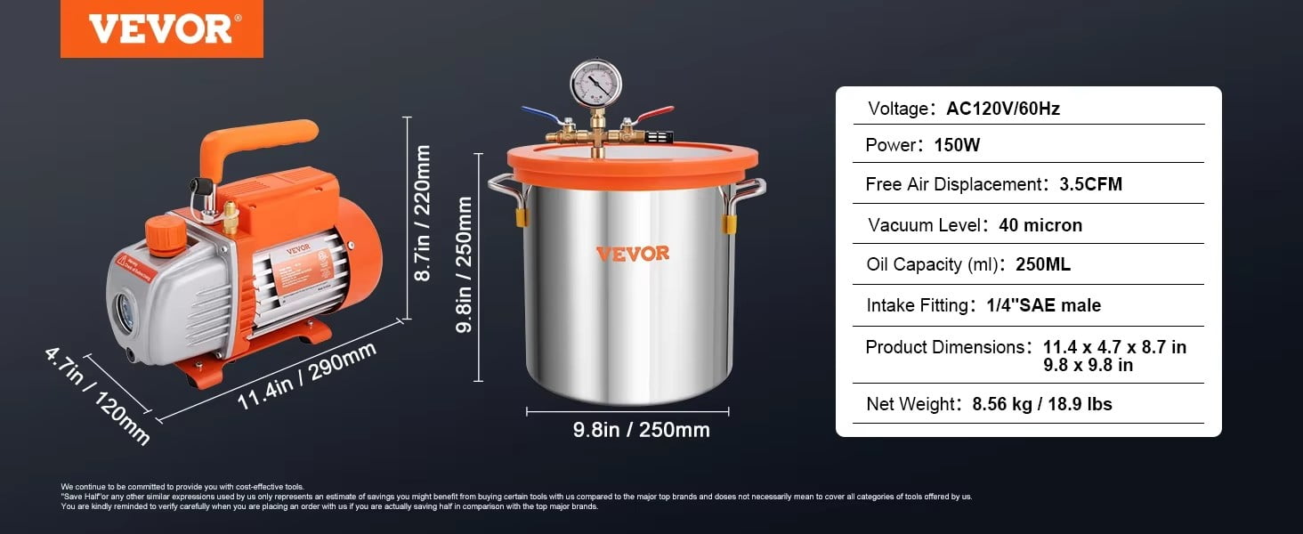 VEVOR Vacuum Pump Chamber Kit&3.5CFM 3GAL/5GAL Tempered Glass Lid ...