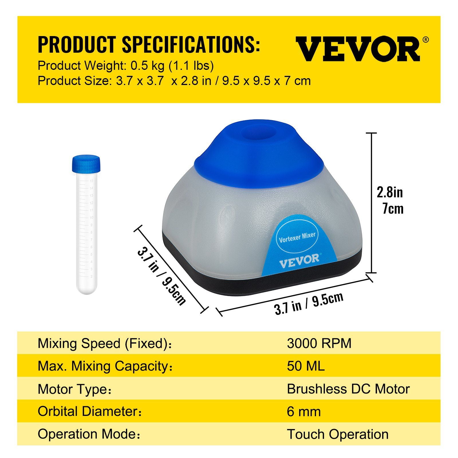VEVOR Vortex Mixer 3000rpm Mini Vortex Mixer Shaker, Touch Function ...