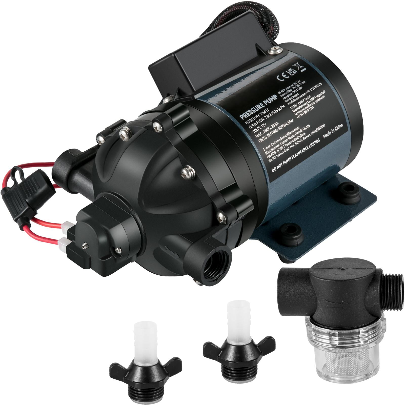 Vevor Washdown Pump, 12V DC, 7 GPM 60 Psi, Max. 10 ft Lift Self Priming ...