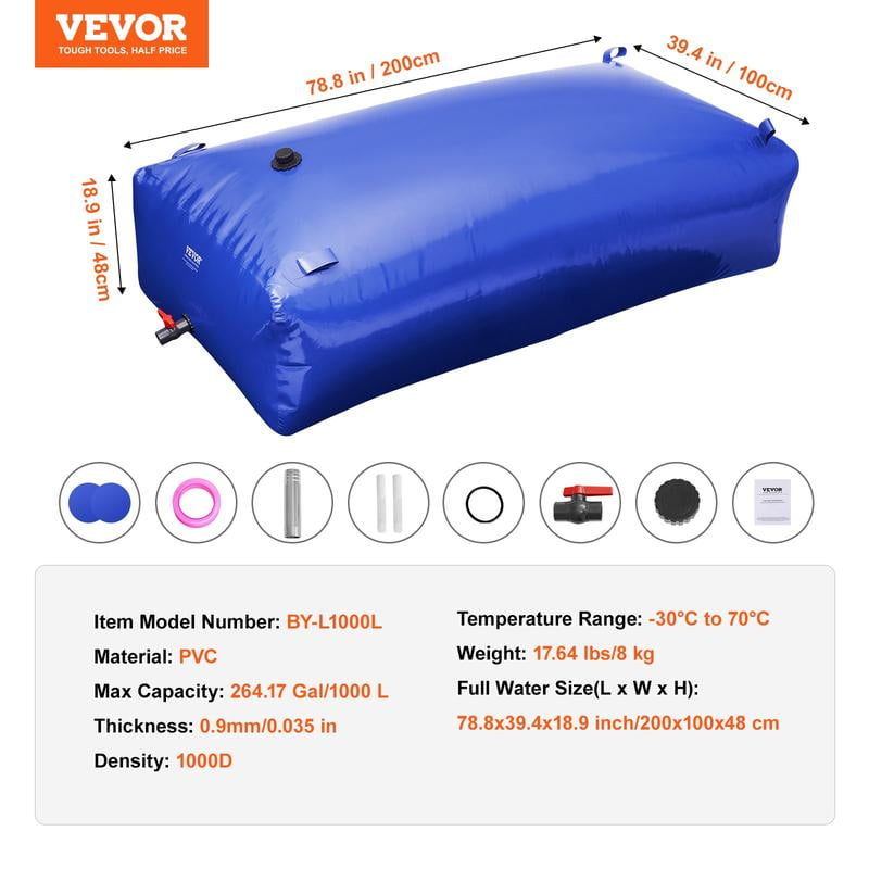 VEVOR Water Storage Bladder, Max. 1000L/264 Gallon RV Water Tank, 1000D PVC Collapsible Water ...