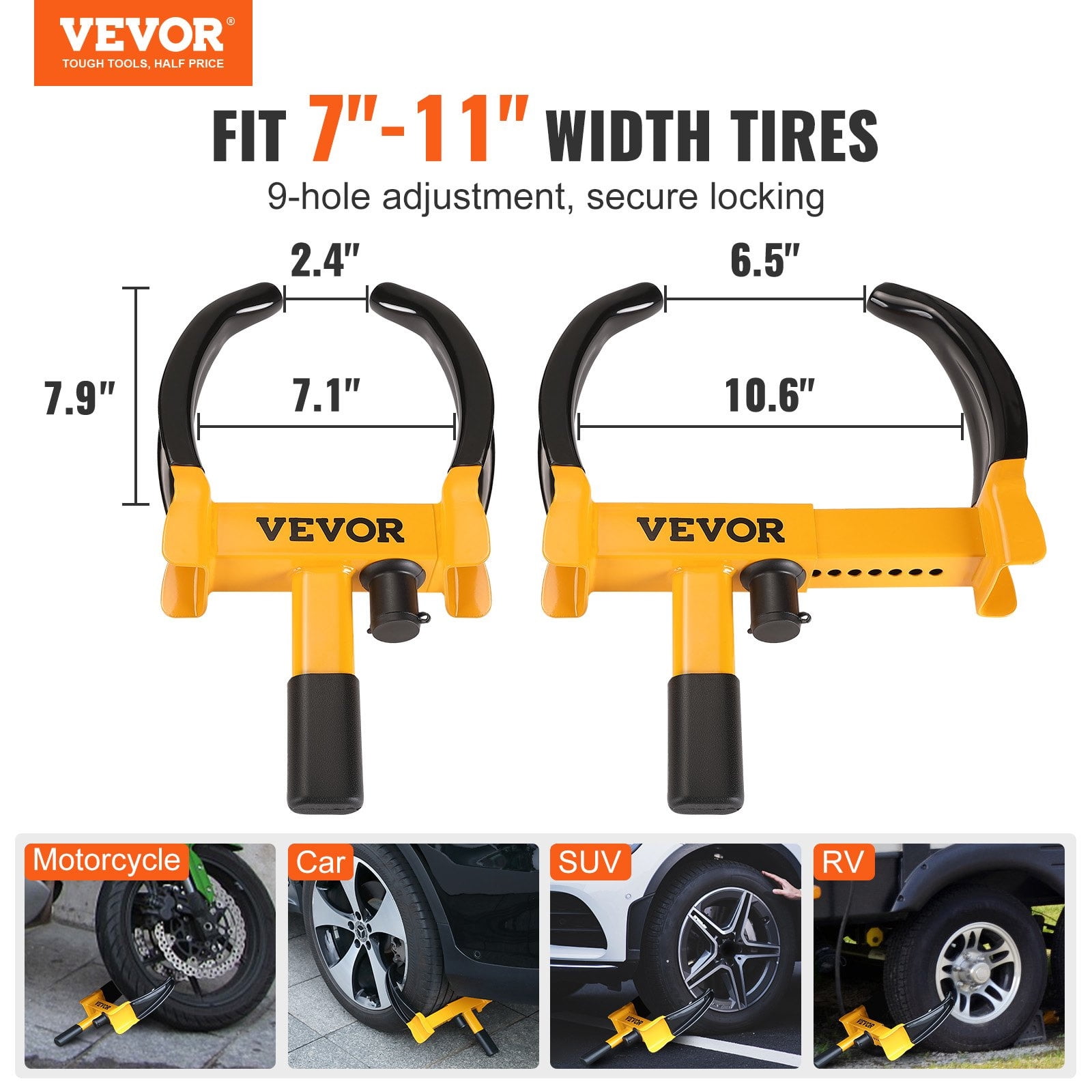 VEVOR Wheel Lock, 2 Packs Universal Wheel Clamp Lock, Adjustable Anti ...