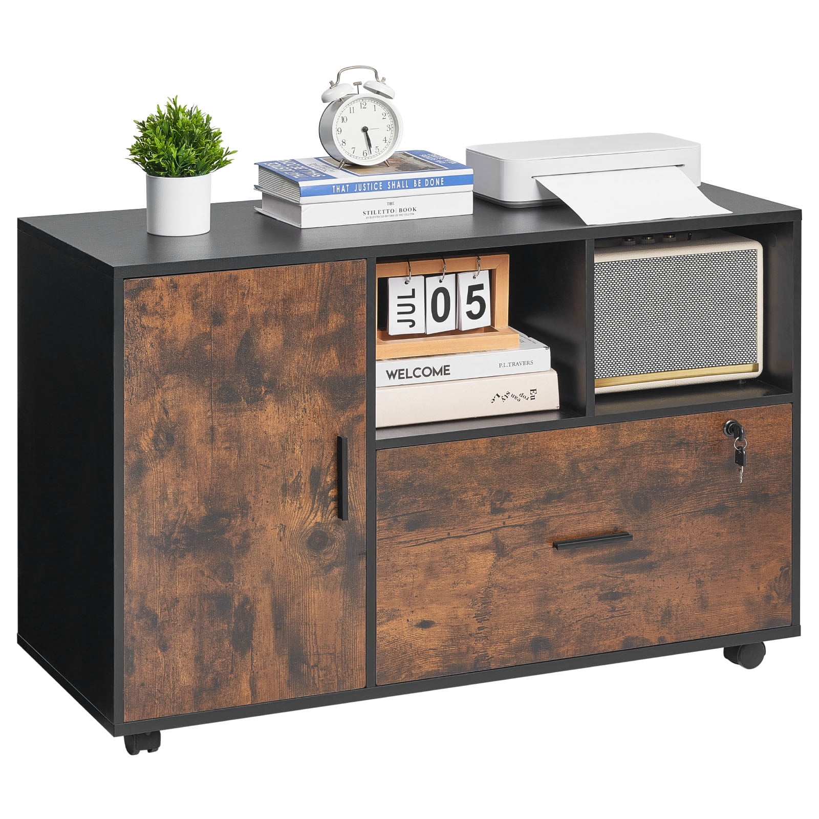 VEVOR Wood File Cabinet, Mobile Filing Cabinet with Open Shelves ...