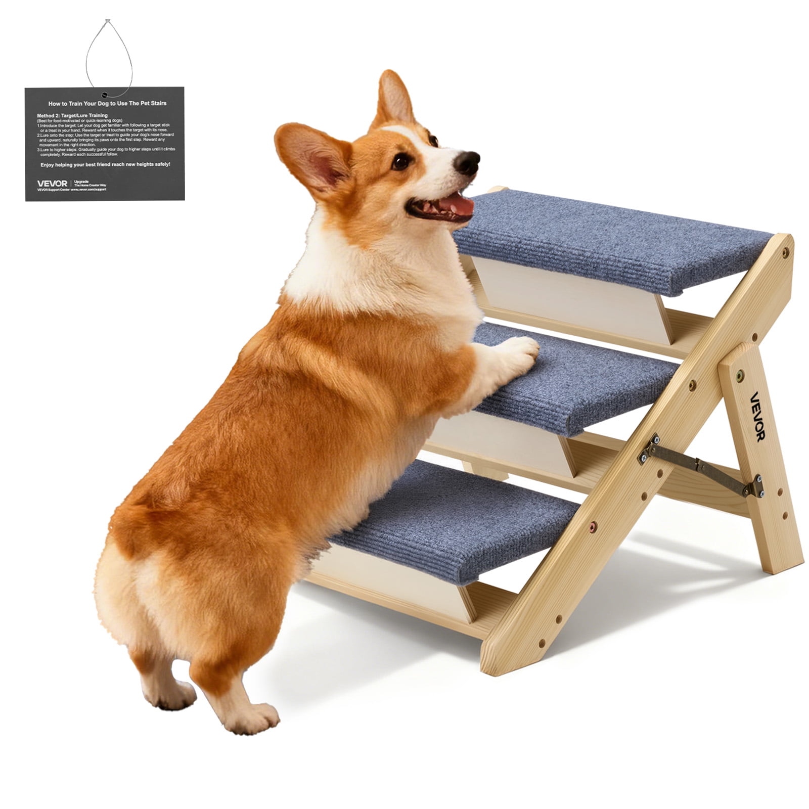 VEVOR Wood Pet Stairs, 3-Step Dog Stairs for Beds, Sofa & Cars, 110lbs ...