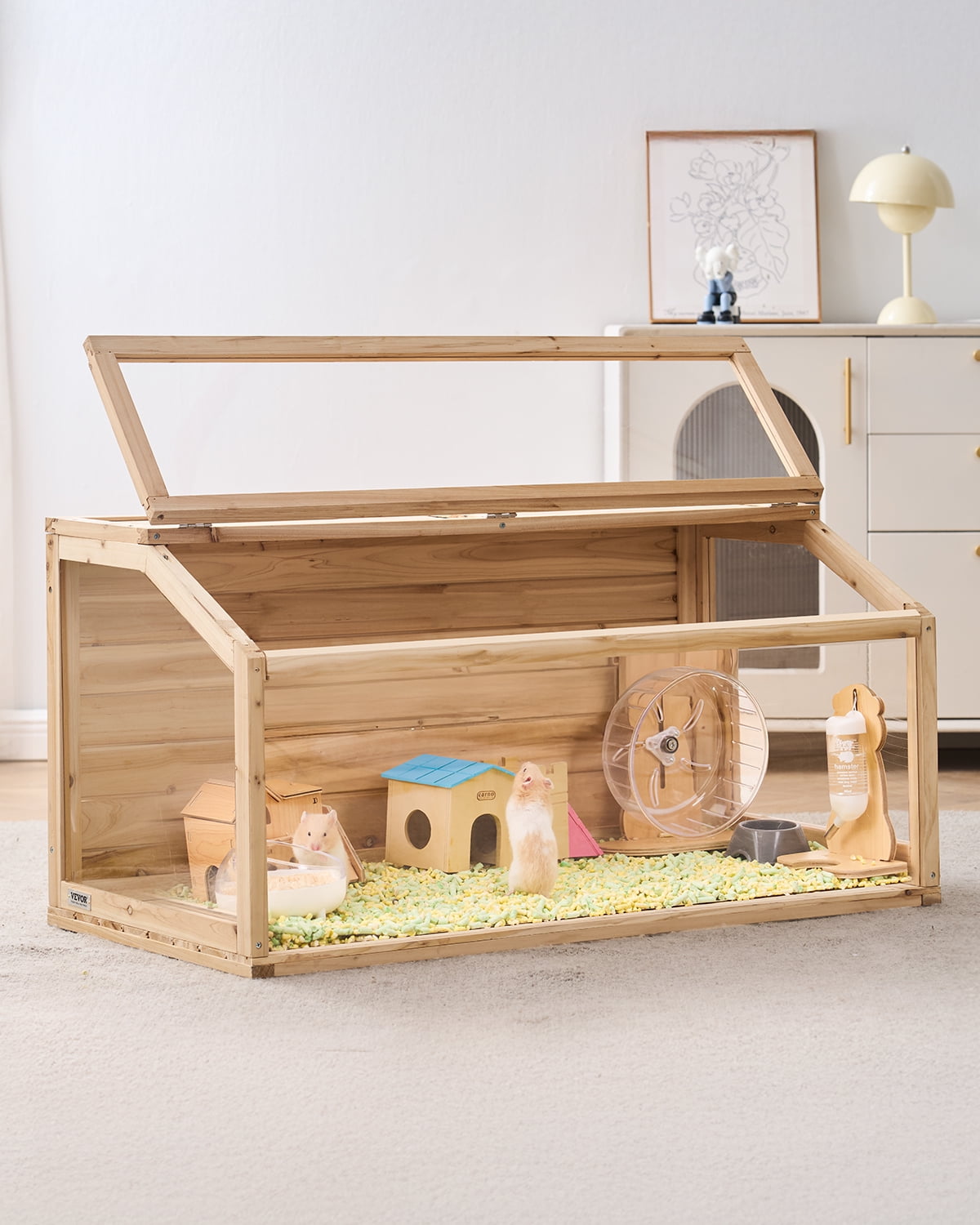 VEVOR Wooden Hamster Cage, 270° Viewing Hamster Habitat, 48 x 20 x 20in ...