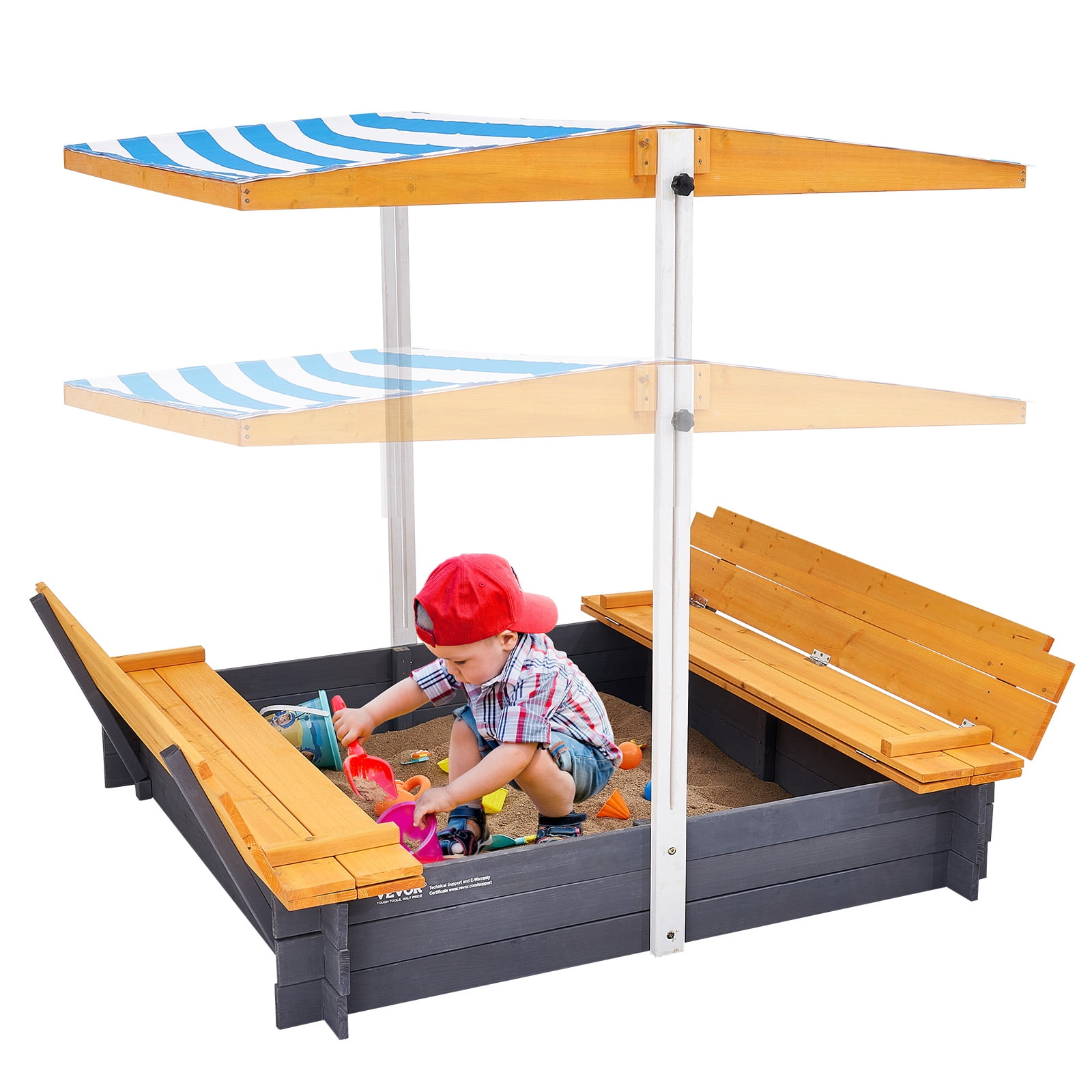 VEVOR Wooden Sandbox with Canopy, 57.3 x 47.2 x 47.2 in Sand Box, Sand ...