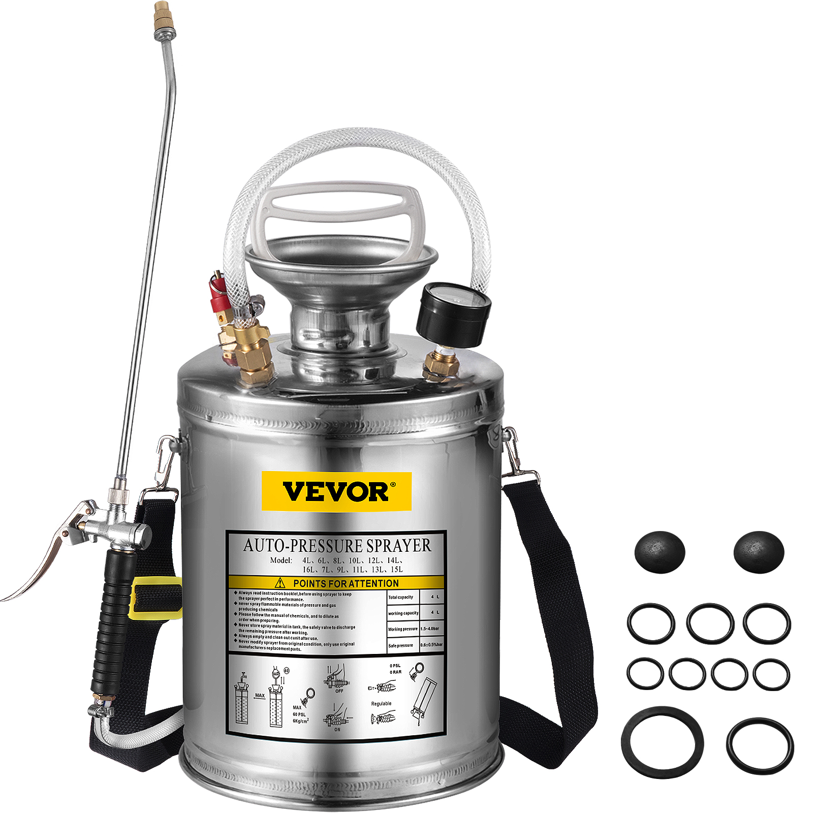 VEVOR 1Gal Stainless Steel Sprayer, Set with 12’’ Wand& Handle& 3.3 ...