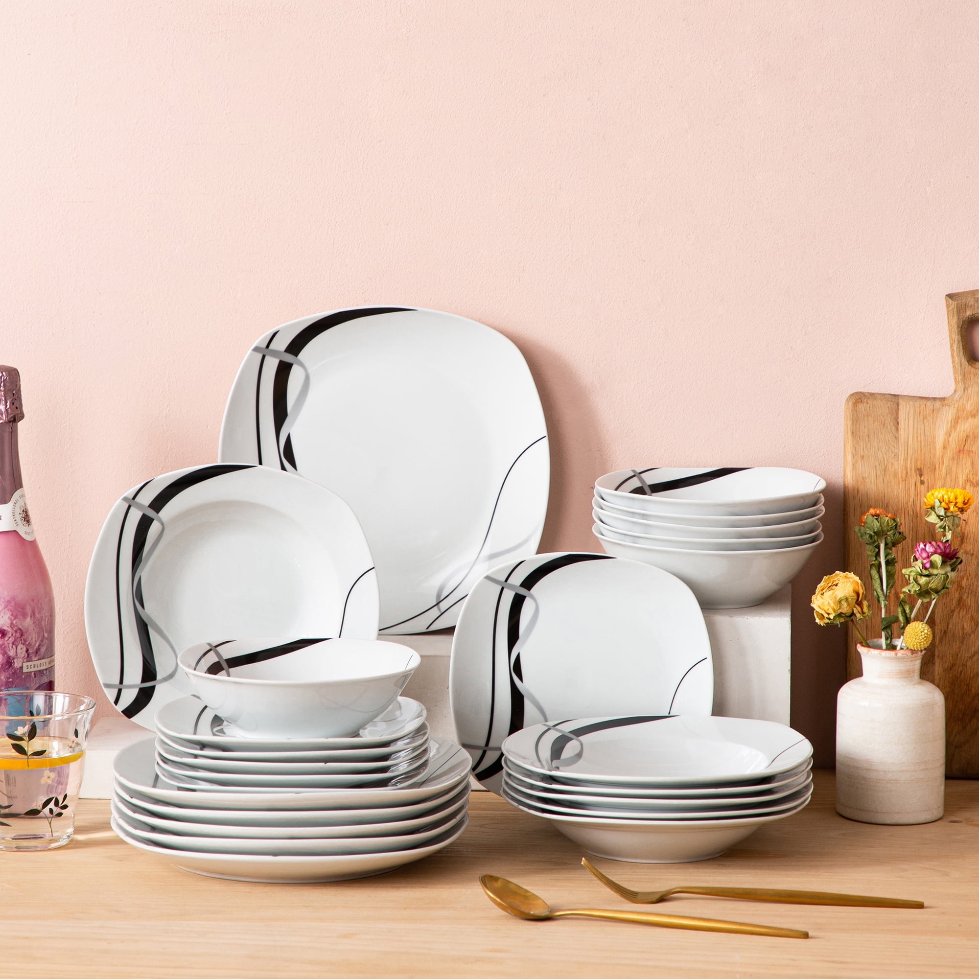 VEWEET Modern 24-Piece Porcelain Dinnerware Set, Ivory White Formal ...