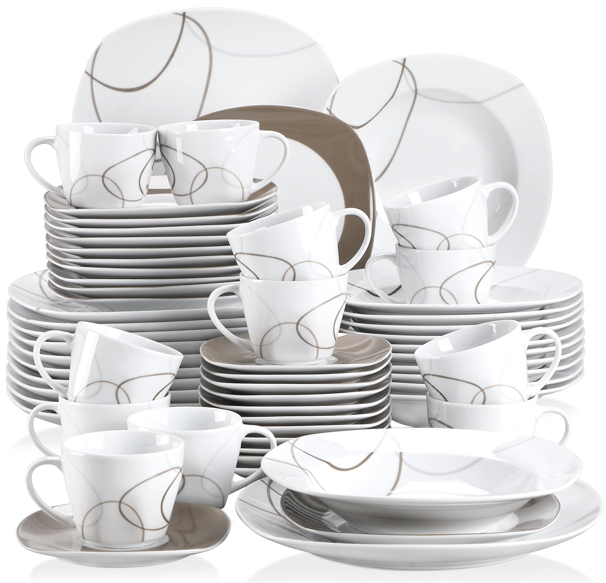 VEWEET 60-Piece Porcelain Dinnerware Set, Ivory White Kitchen Dining ...