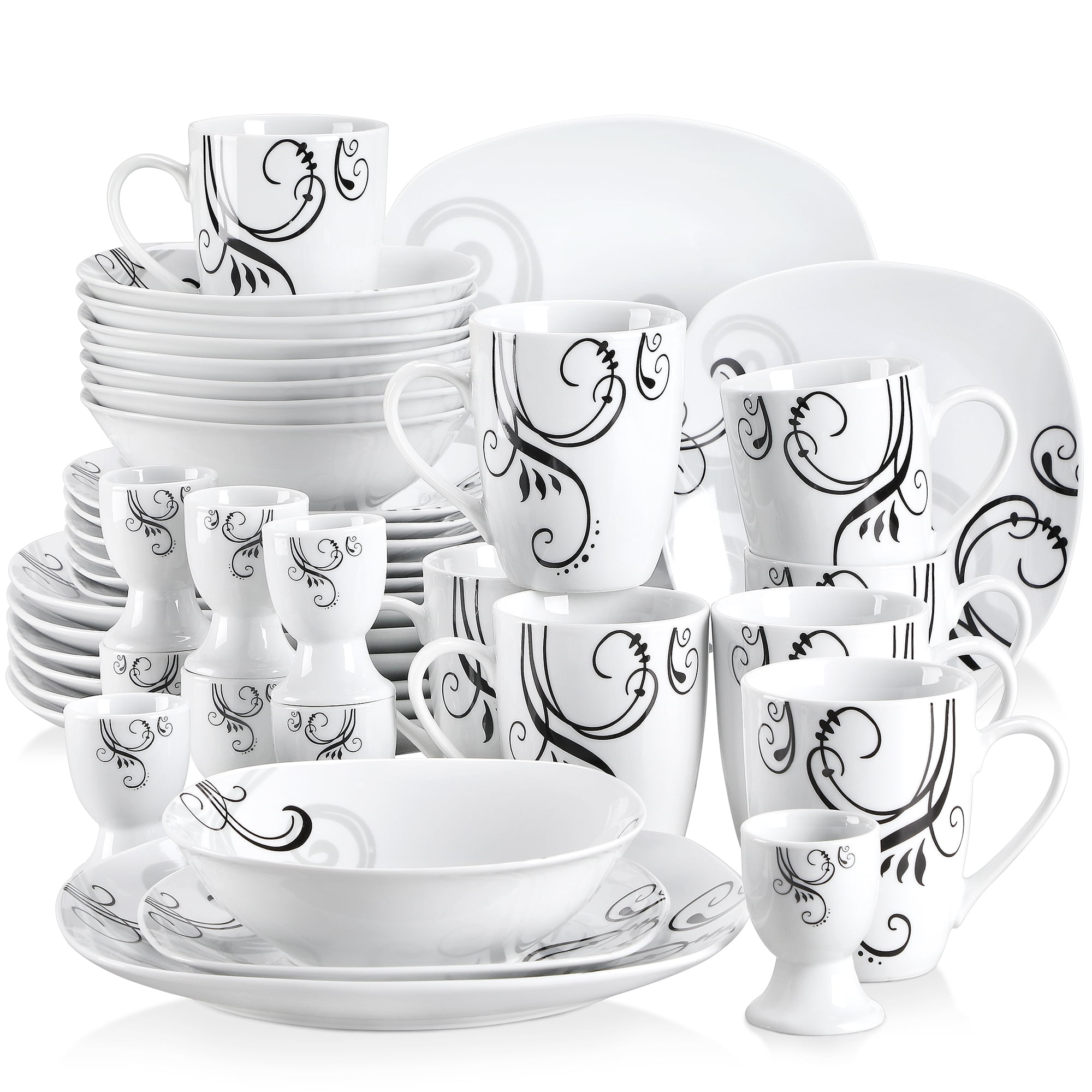 VEWEET, Series Zoey, 40-Piece Porcelain Dinnerware Set, Black Decals ...