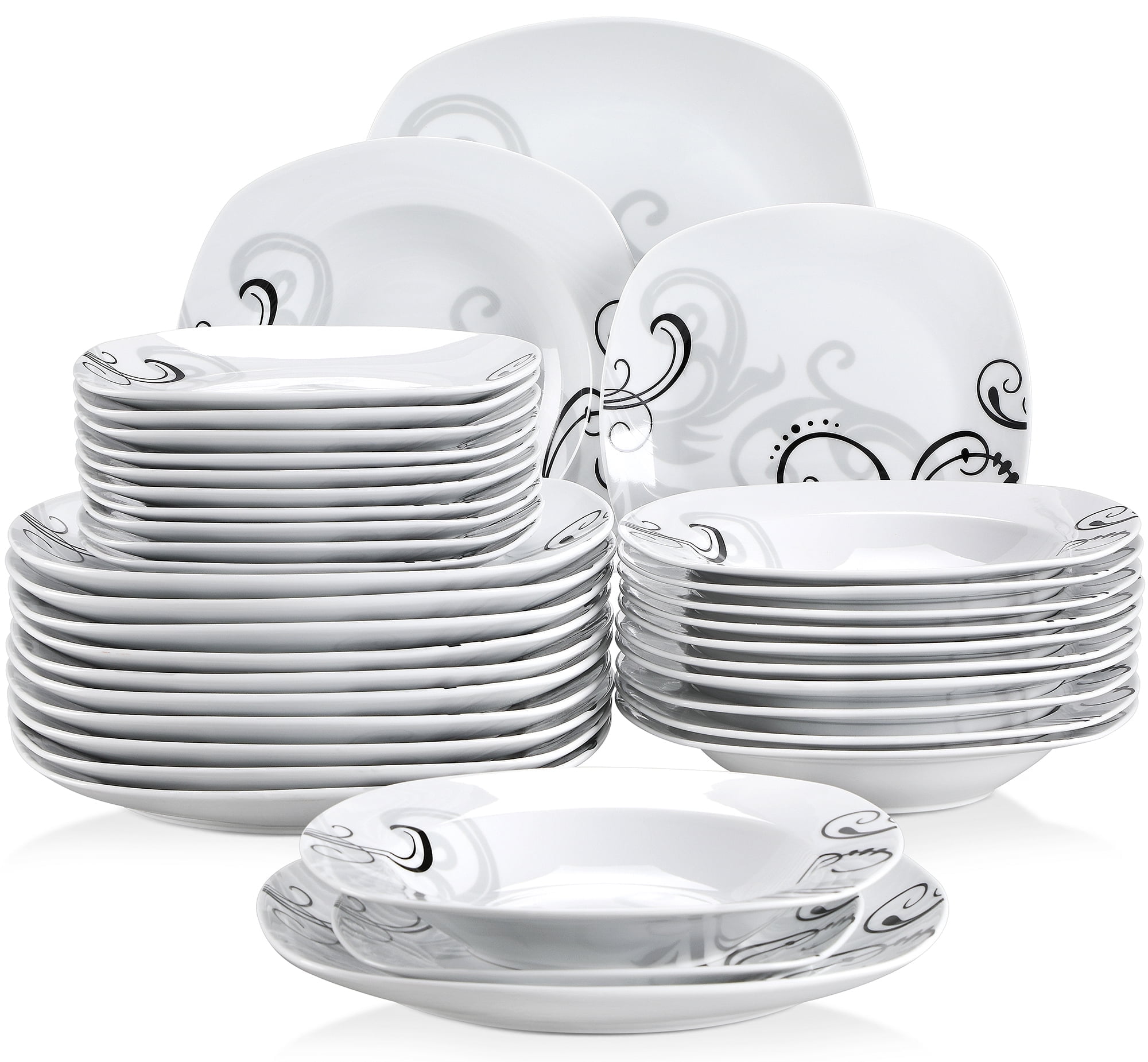 VEWEET 'Zoey' 36 pieces Porcelain Dinner Sets Ivory White Black Decals ...