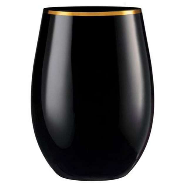 VEZEE Stemless Plastic Wine Goblet 16 oz Black / Gold Rim Pack of 12 ...