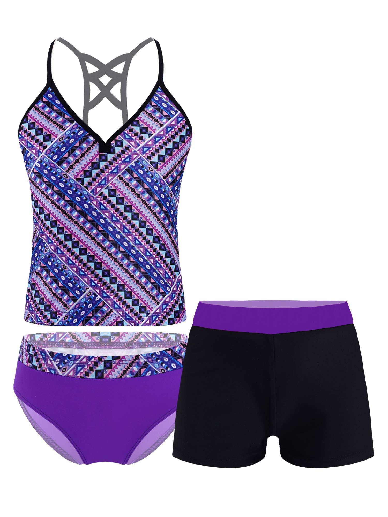 VEandarui Purple Ethnic Pattern 3 Piece Tankini Swimsuit Set, (Women's ...