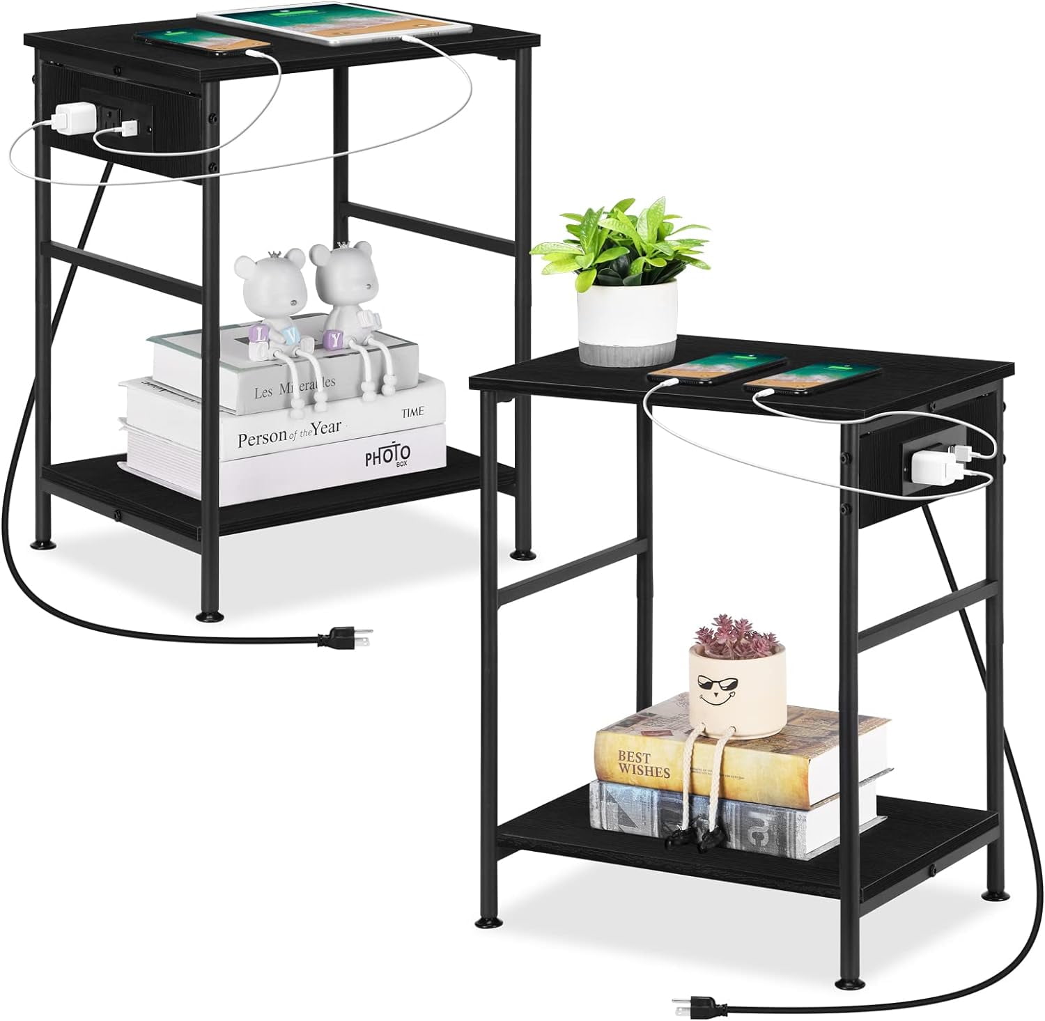 VFDTBUHN Black Nightstands End Table with Charging Station 2 Tier Small ...