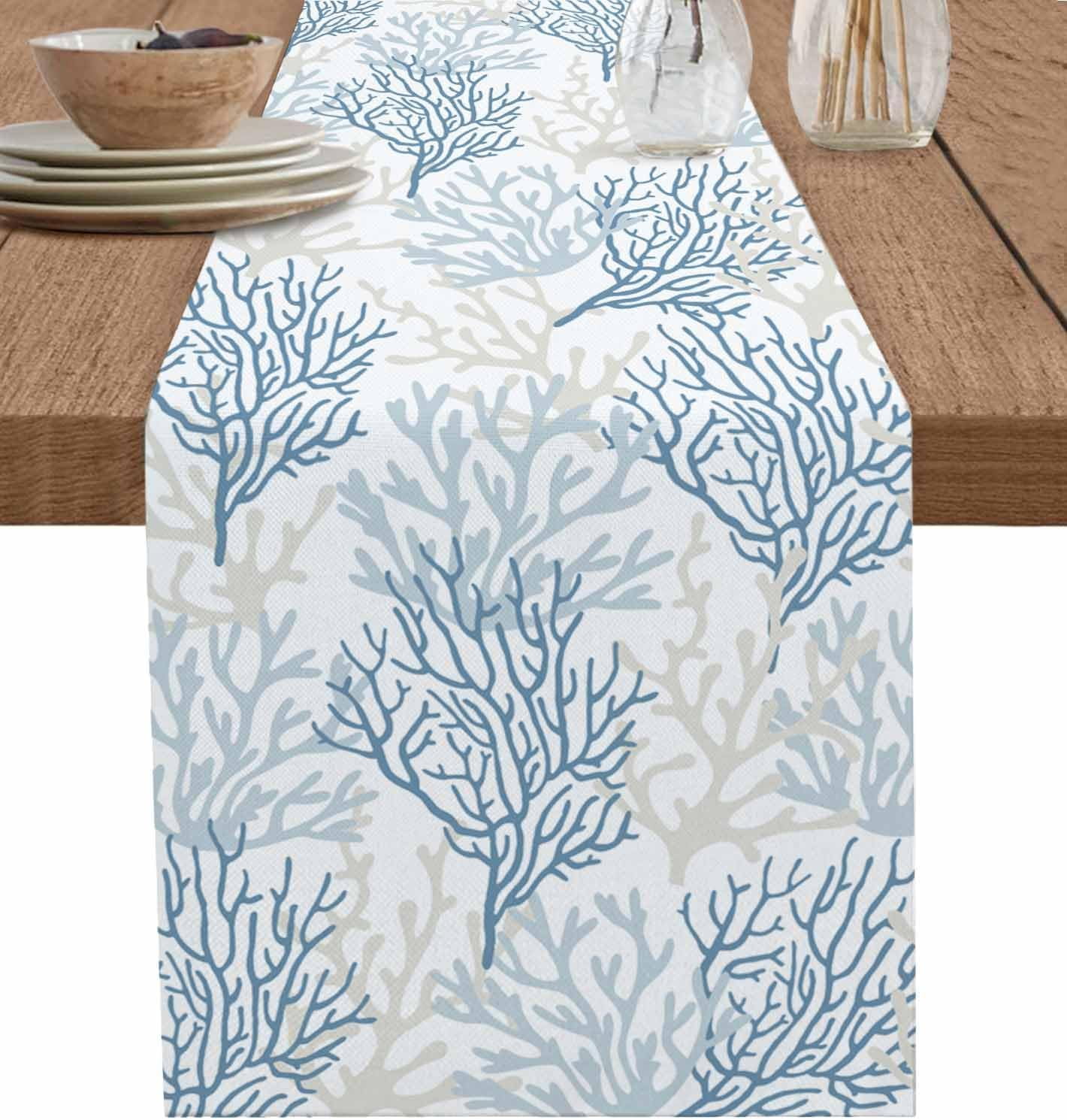 VFDTBUHN Blue Teal Coral Cotton Linen Rectangle Table Runners 13"x90 ...