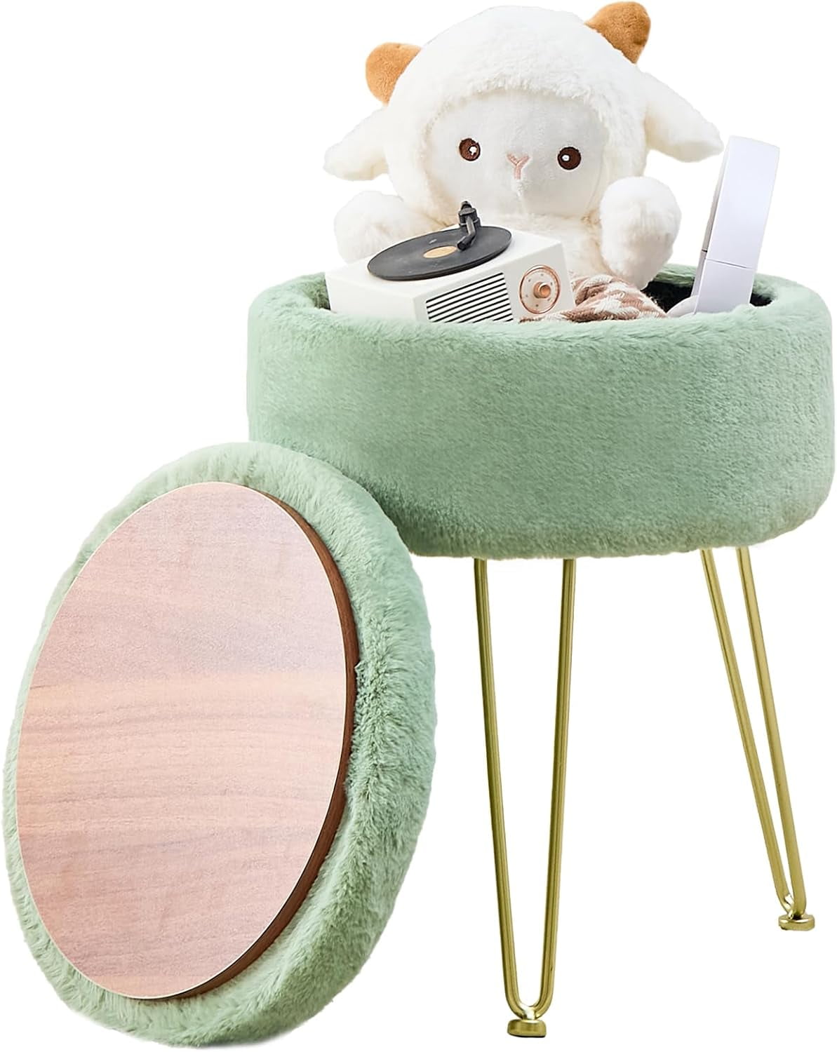 VFDTBUHN Footrest Footstools Round Faux Fur Ottoman with Storage Space ...