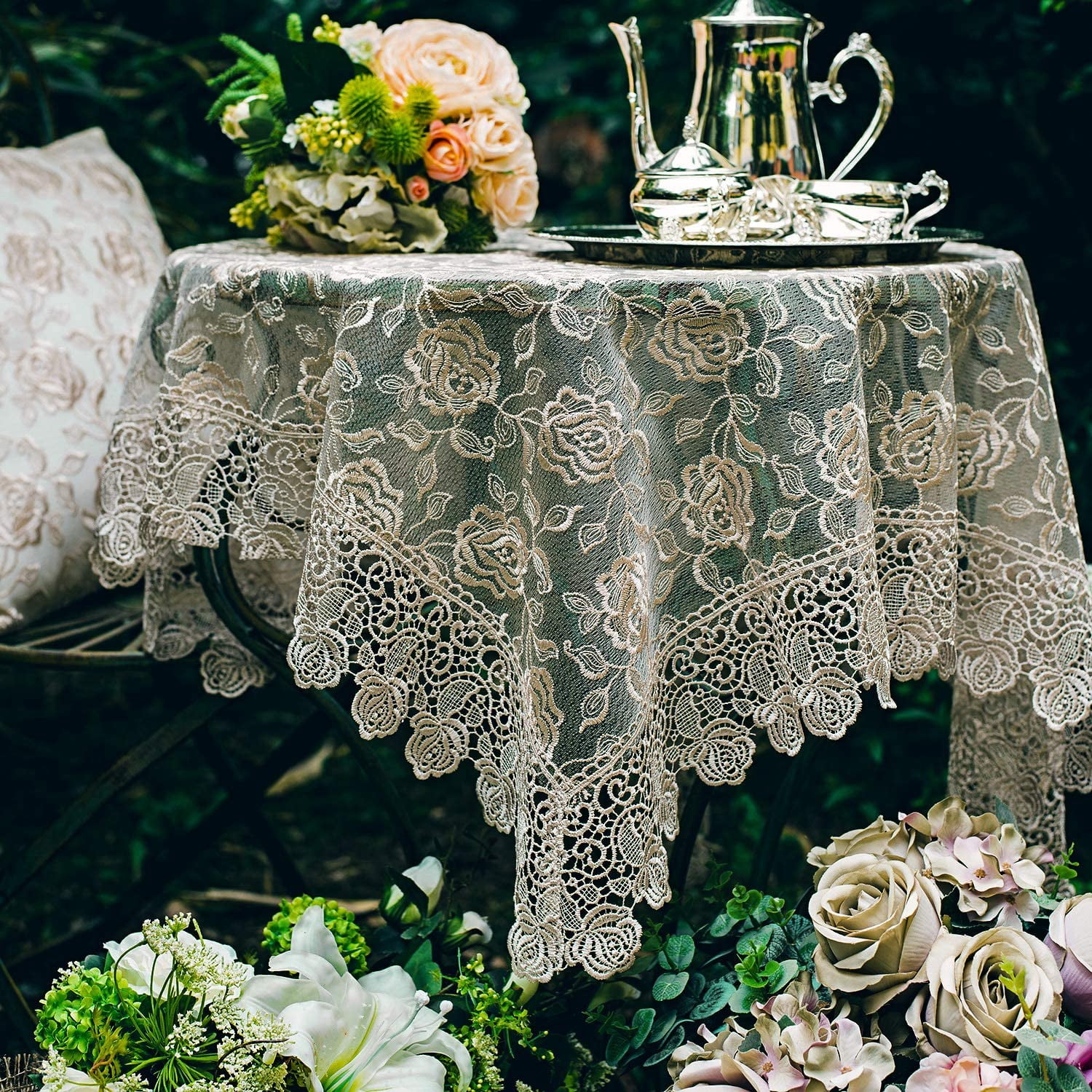 VFDTBUHN Lace Rose Fabric Round Tablecloth Gold Floral Coffee Table ...