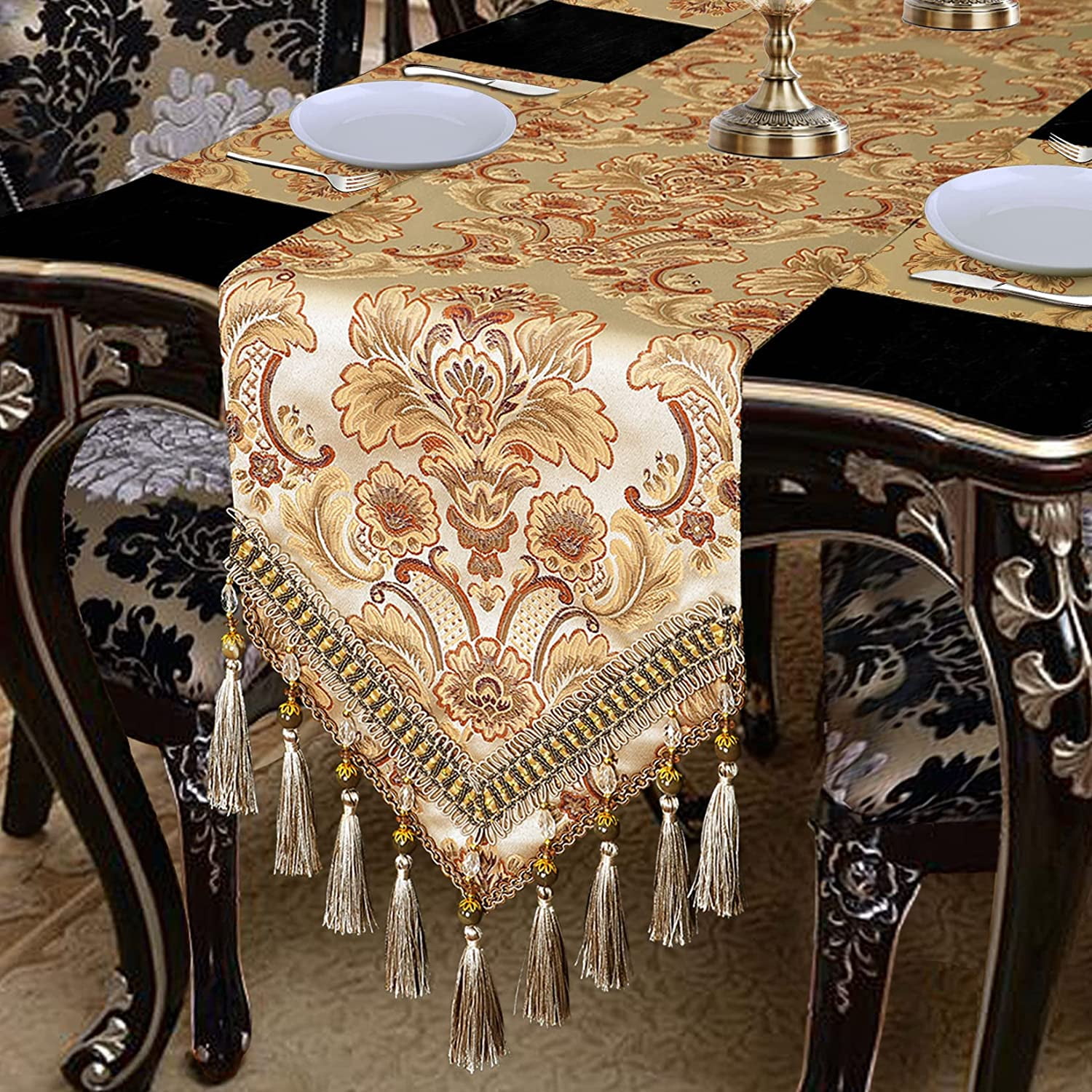 VFDTBUHN Luxury Thick Lined Damask Table Runners with Multi-Tassels ...