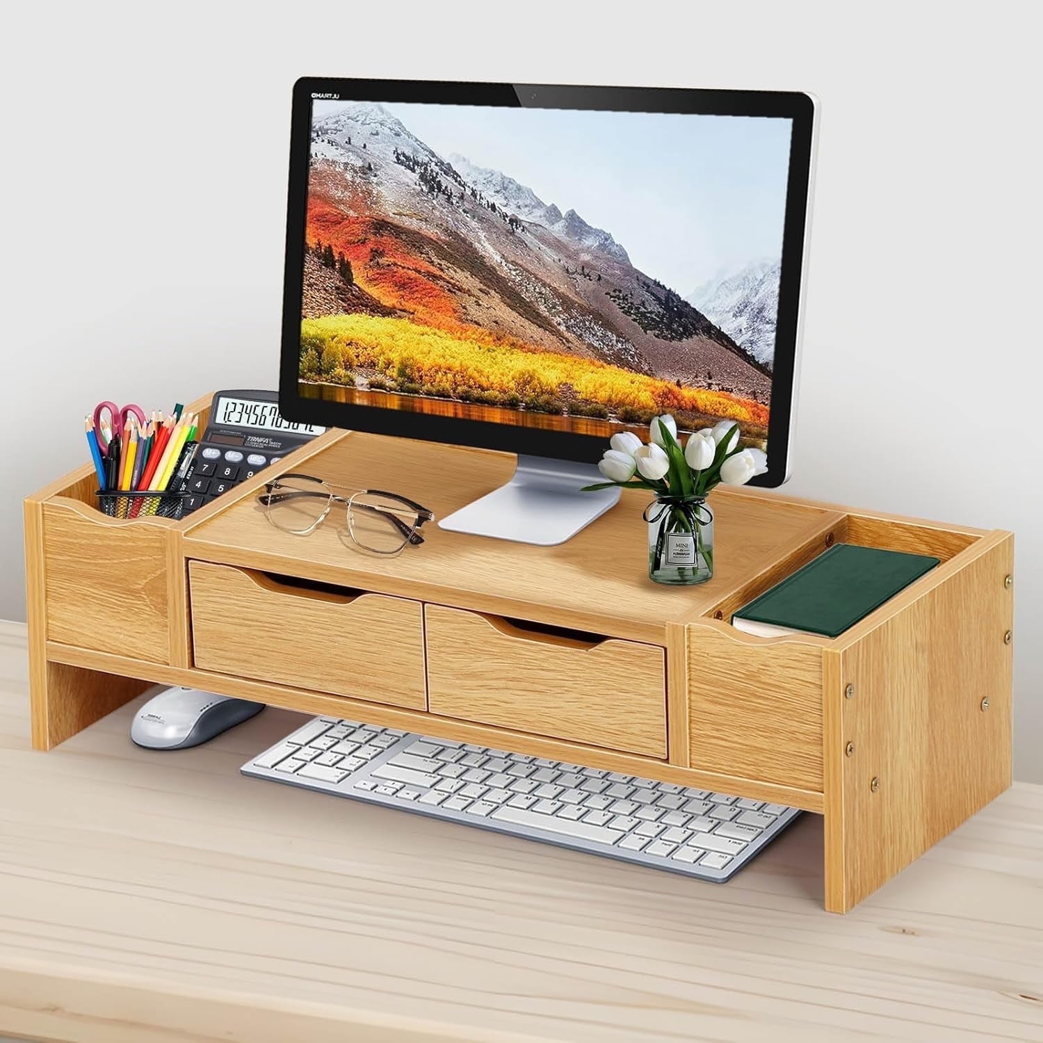 VGBYUJ Wood Desk Monitor Stand Riser, Computer Monitor Stand with 2 ...