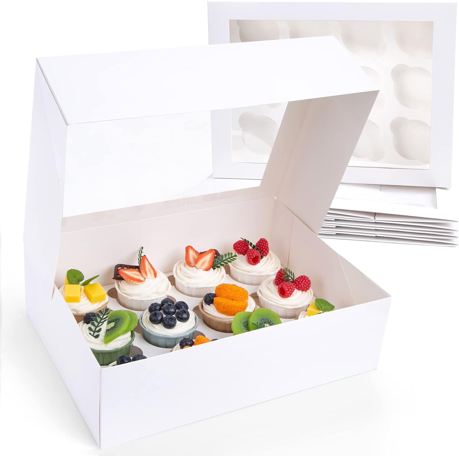 SUSWIM 12PCS White Cupcake Container, 12 Count with Window Boxes ...