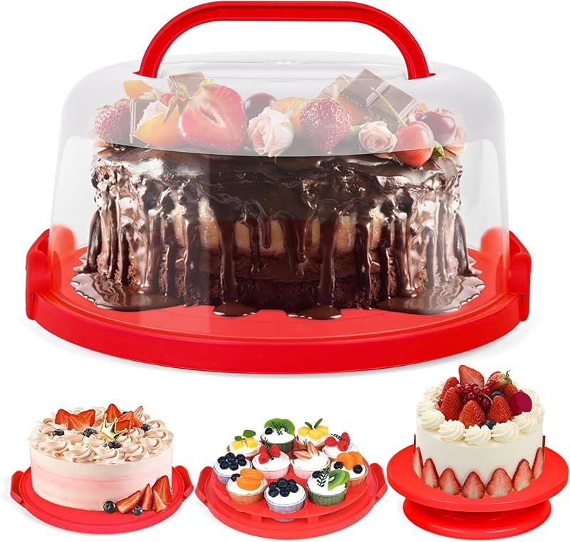 VGOODALL Cake Carrier with Lid and Handle, 12x6 Inch Red Cake Holder ...