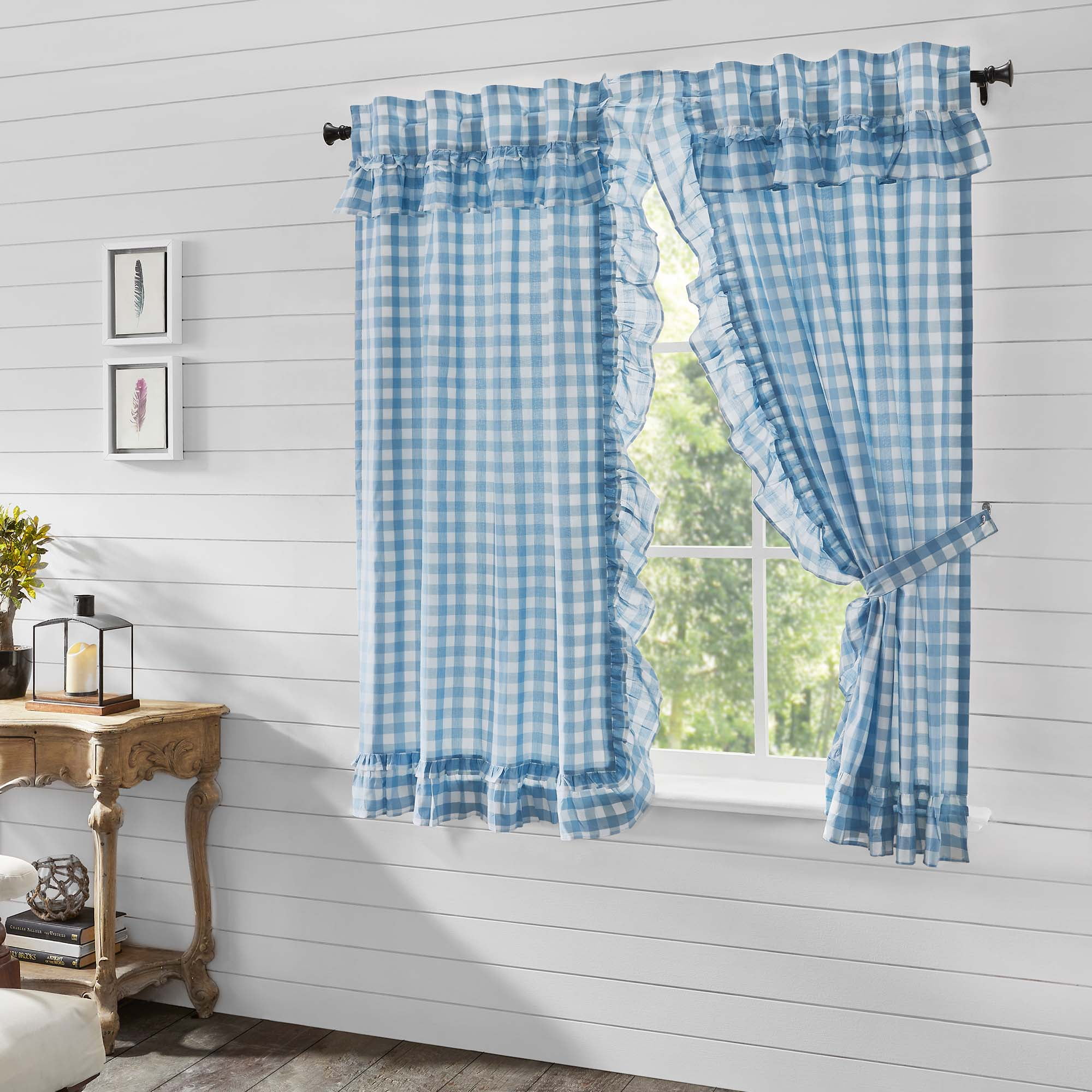VHC Brands Annie Blue Buffalo Check Farmhouse Ruffled Short Panel ...