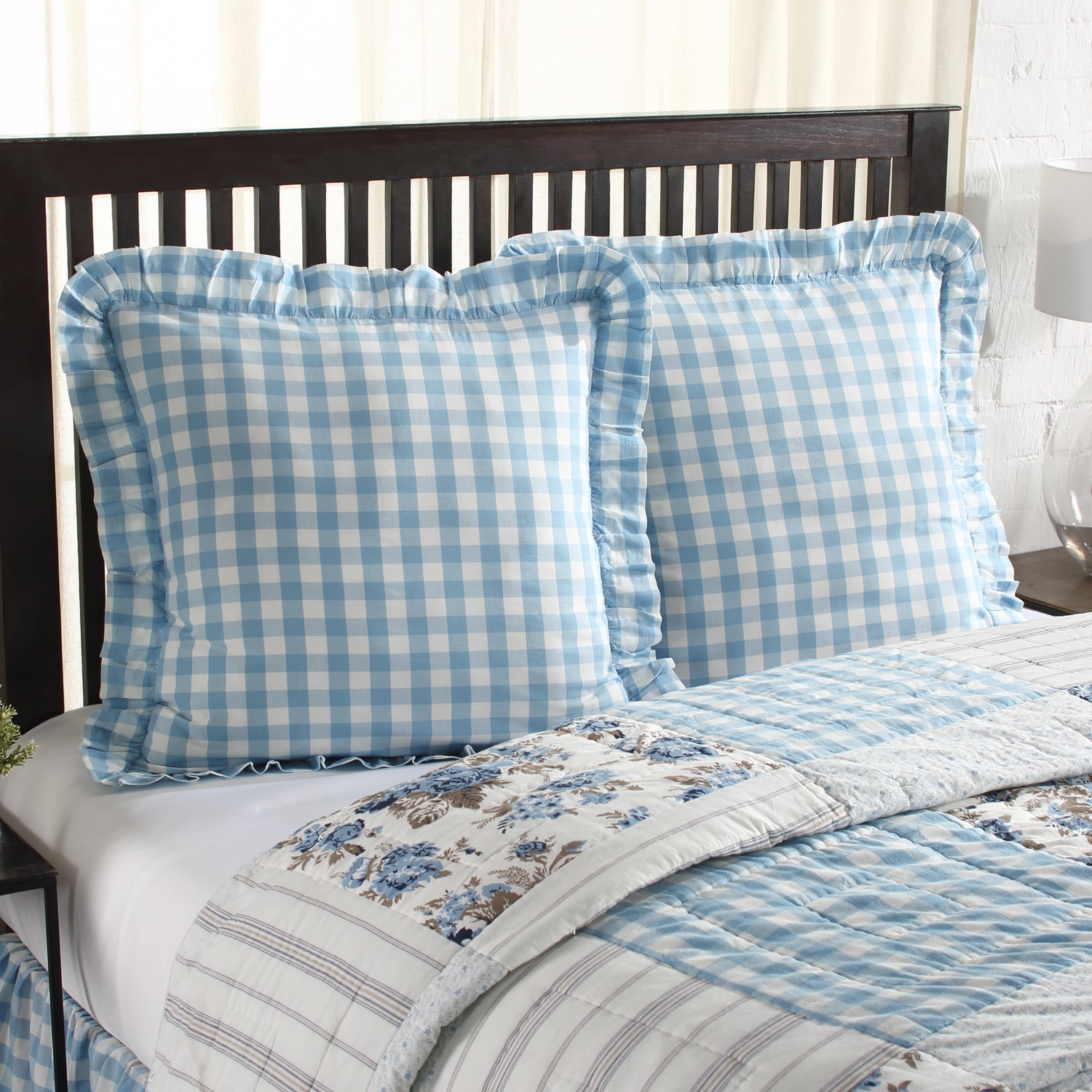 VHC Brands Annie Buffalo Blue Check Fabric Euro Sham Ruffled Edge 26x26 ...