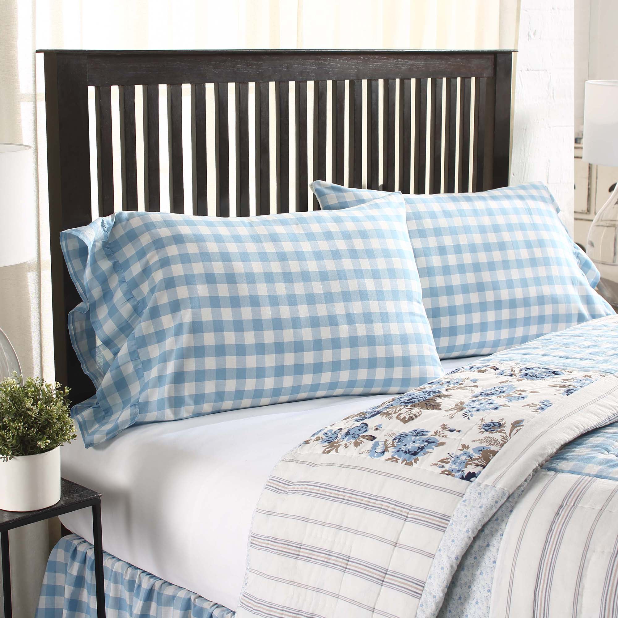 VHC Brands Annie Buffalo Blue Check Gingham Pillow Cases with 4" Ruffle ...