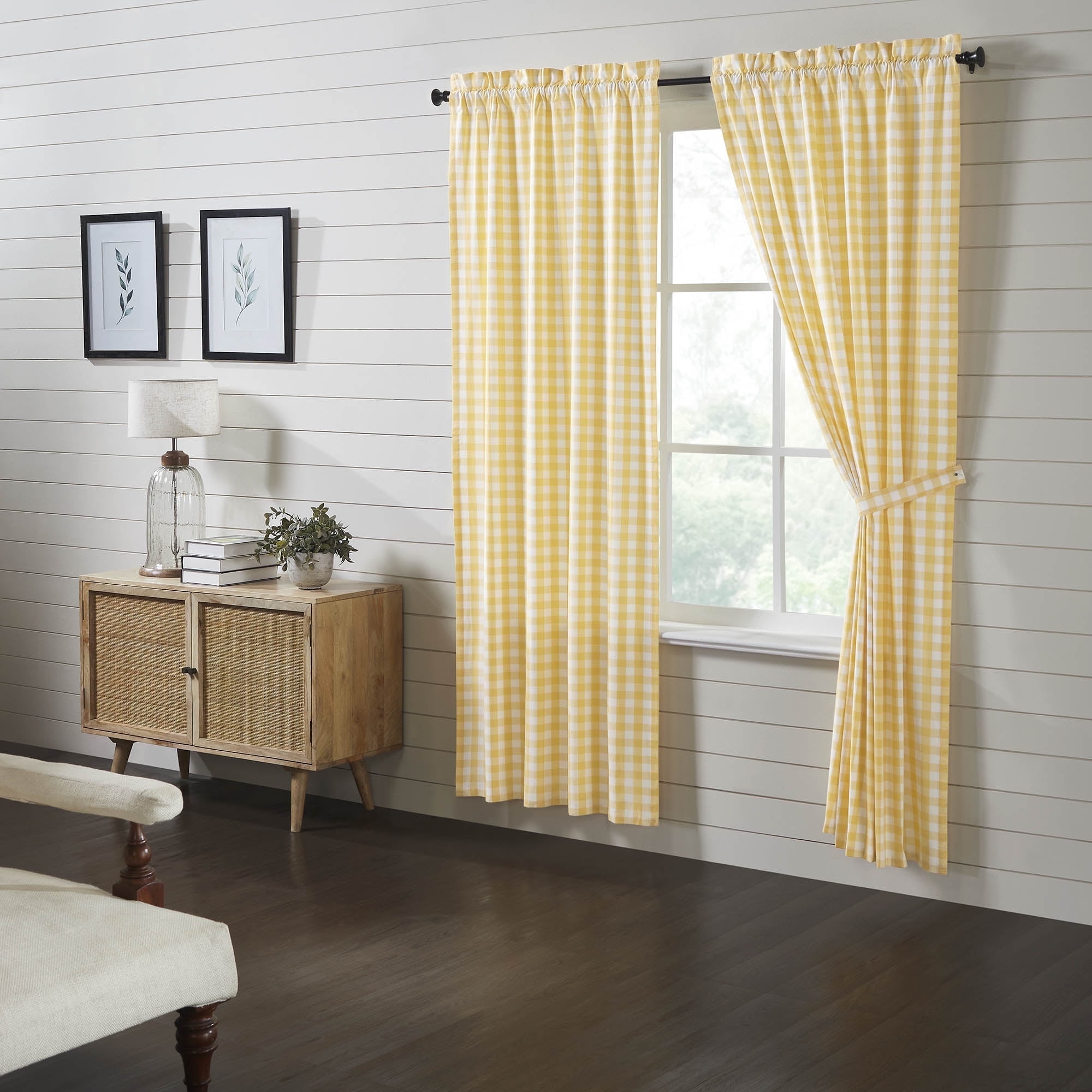 VHC Brands Annie Buffalo Check Farmhouse 84"x40" Panel Pair Yellow Rod ...